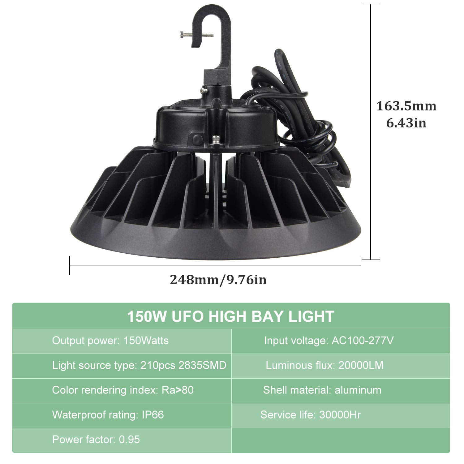 CPROSP UFO High Bay Light LED 150W 1~10V Dimmable 5000K 20000lm, with US Plug, IP66 Waterproof, for Commercial Warehouse/Workshop/Wet Location Area Light