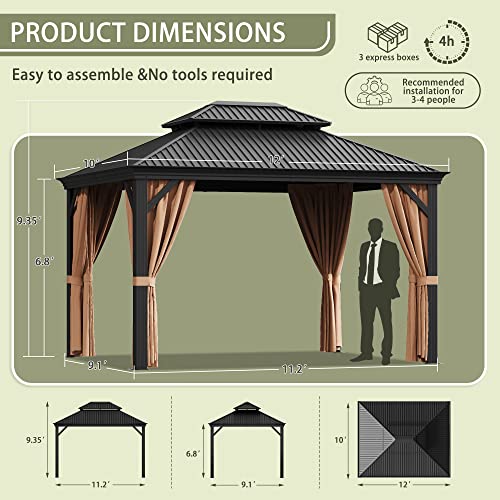 Greesum 10'x12' Hardtop Metal Gazebo, Outdoor Galvanized Steel Double Roof Canopy, Aluminum Frame Permanent Pavilion with Netting and Curtains for Patio, Backyard, Deck and Lawns