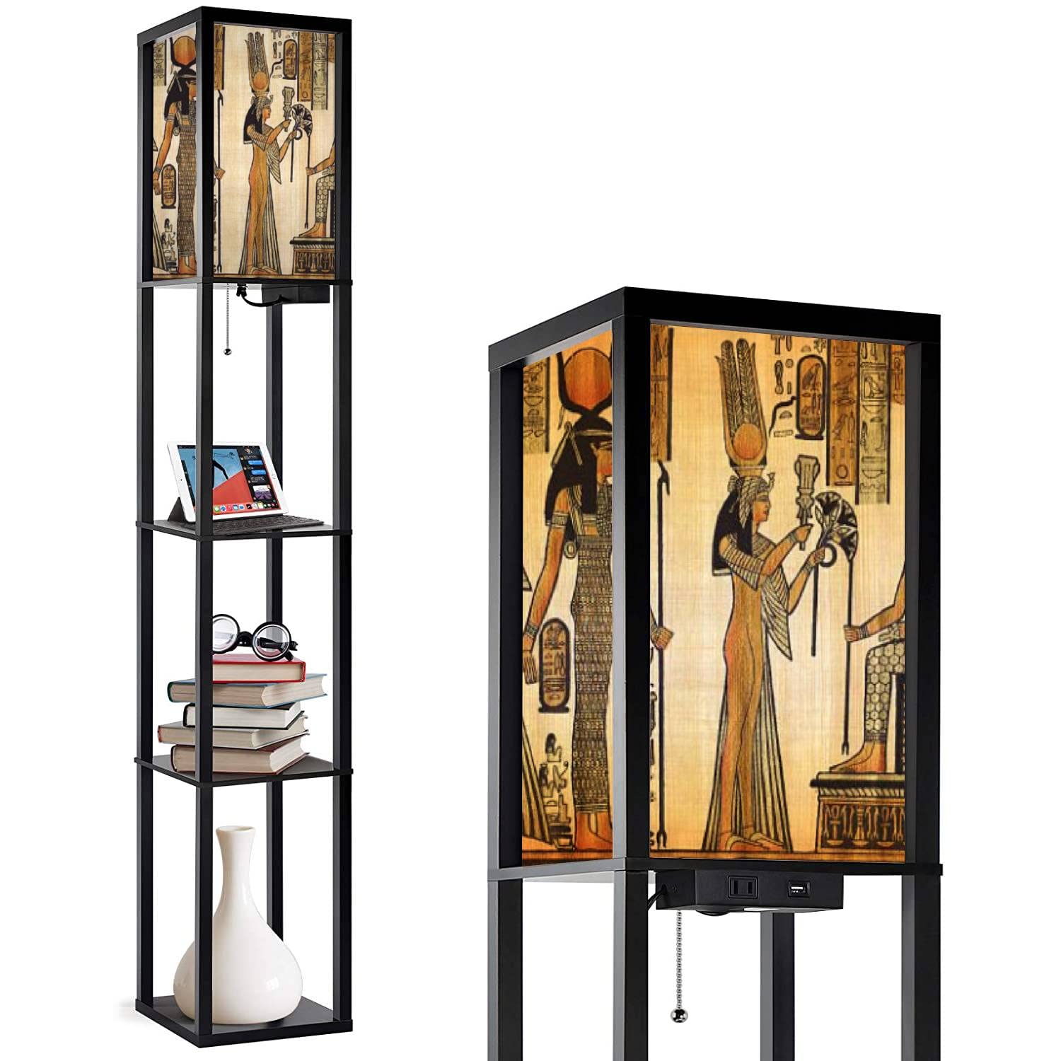 CVNWGKOMQP Ancient Egyptian Papyrus Stock Illustration Floor Lamp with Shelves Tall Standing Lamp Wood Standing Light Linen Shade Bedside Lamp for Living Room Bedroom Modern Home Decor