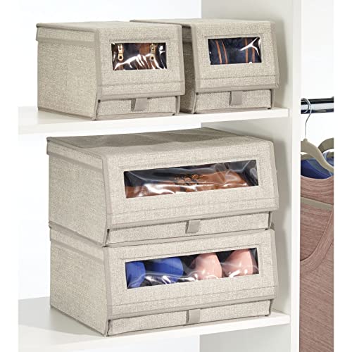 mDesign Large Fabric Closet Shoe Storage Box w/Clear Window - Shoe, Sandal, Sweater, Linen, Clothes Organizer - Boot Storage Solutions - Shoe Bin - Lido Collection, 8 Pack, Linen/Tan
