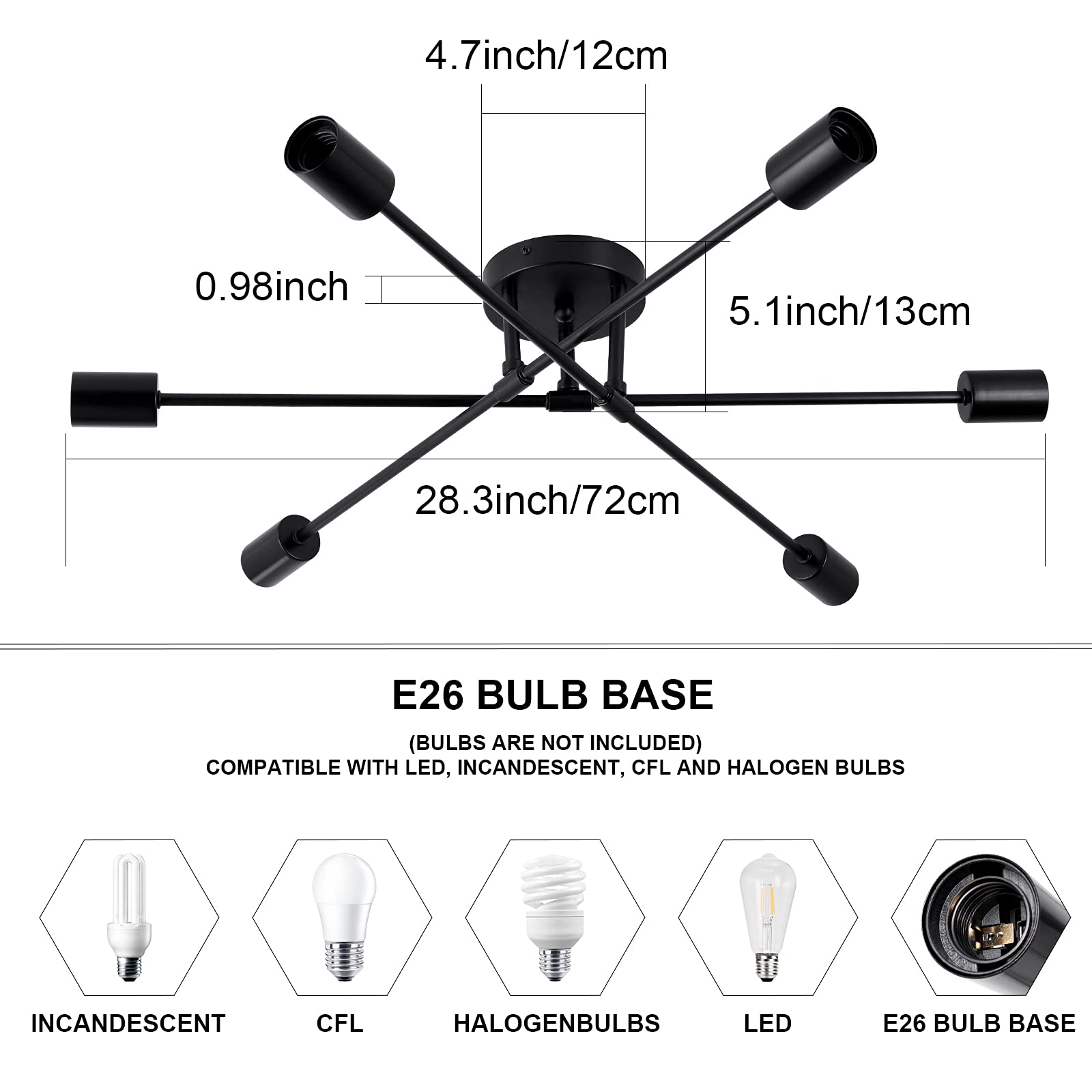 BrkNit 6-Light Sputnik Chandeliers, Black Modern Semi Flush Mount Ceiling Light with E26 Base, Mid Century Industrial Vintage Kitchen Farmhouse Light Fixtures for Dining Room Bedroom Living Room