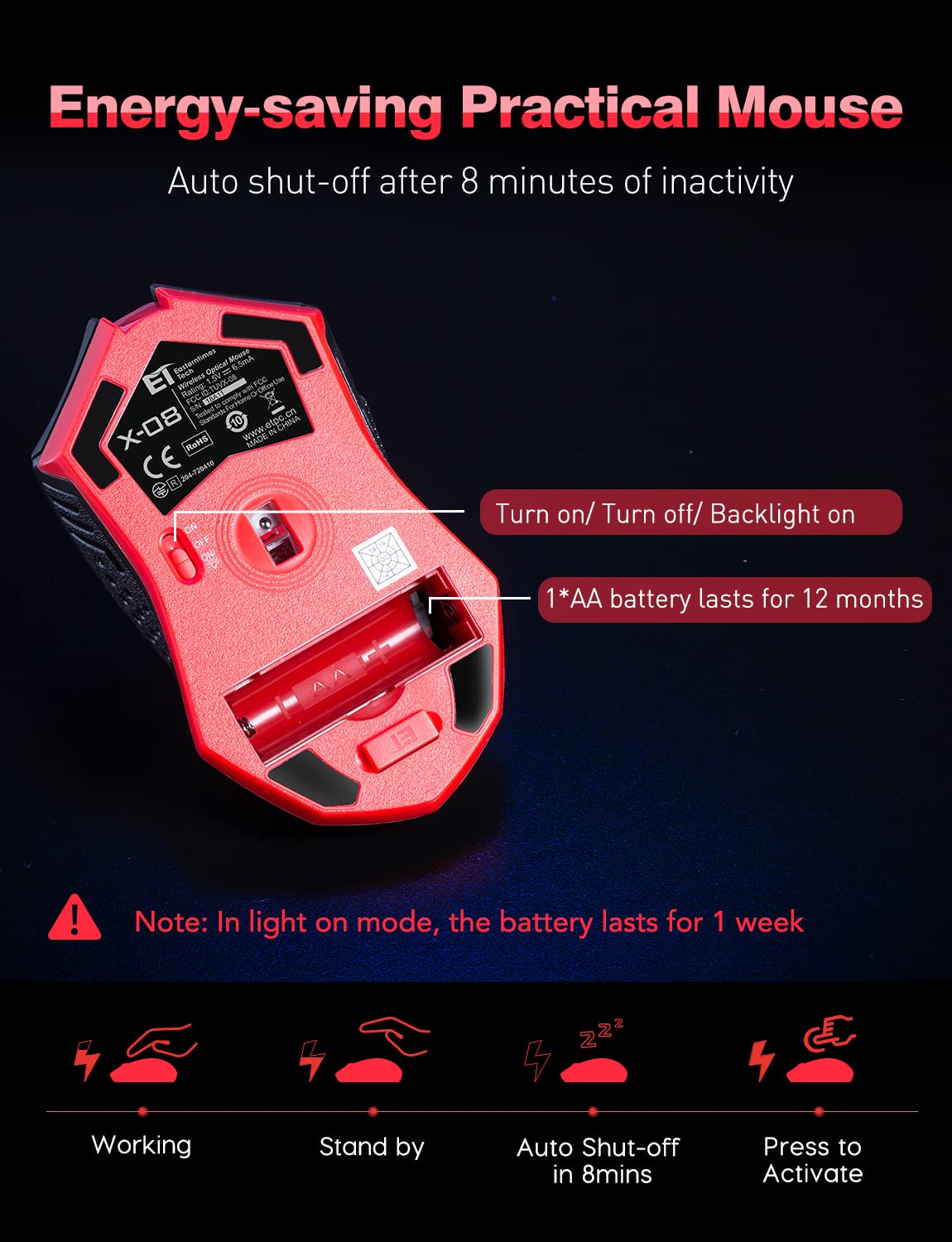 Cudote 2.4G USB Mouse Gaming & Office Mice,Wireless Laptop Mouse- Cordless Computer Mouse 5 Adjustable DPI, Plug & Play for PC, Windows, Mac, Red