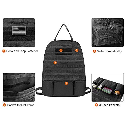 Car Backseat Organizer Tactical Molle Panel Seat Back Protector Cover Nylon Vehicle Car Back Seat Cover Pocket Storage (Black-2pc)