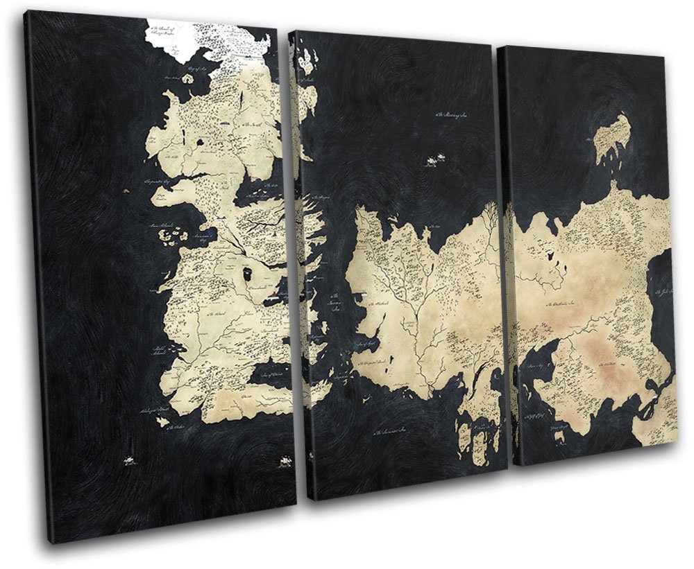 Bold Bloc Design - Map Game of Thrones Movie Greats 150x100cm TREBLE Canvas Art Print Box Framed Picture Wall Hanging - Hand Made In The UK - Framed And Ready To Hang