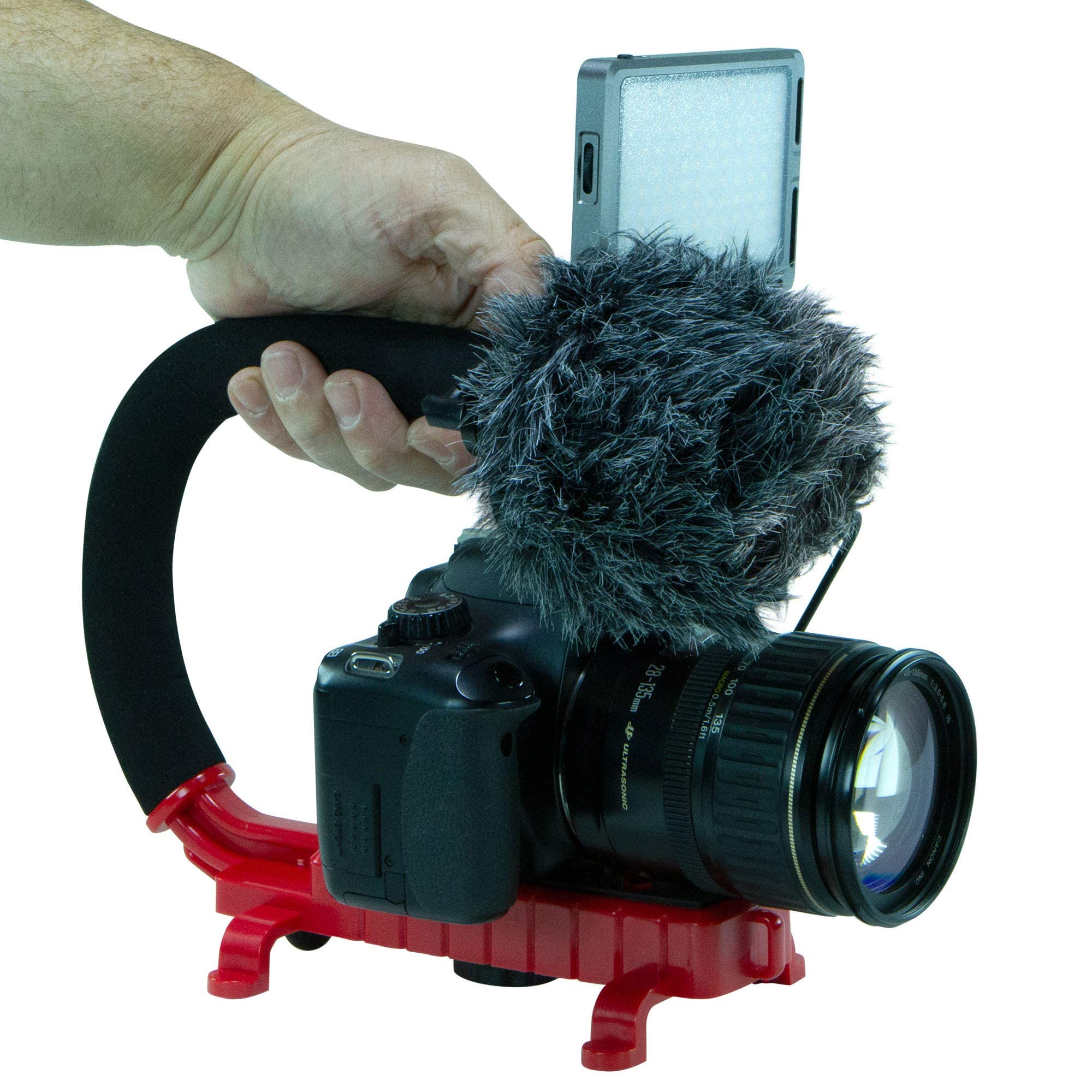 CAM CADDIE U-Grip Pro Handheld Video Rig Steadicam with Triple Cold Shoe, Stabilizing Handle Grip Compatible for iPhone 12 11 Pro Max Xs 8 7 plus GoPro Canon Nikon Sony DSLR Cameras Red Action Edition