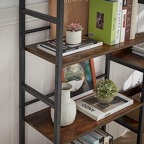 Elevon Bookshelf 5-Tier Open Bookcase, Triple Wide 70in Tall Display Shelf with 14 Open Display, Wood Shelf Metal Frame Floor Standing Unit for Living Room, Bedroom and Home Office - Rustic Brown