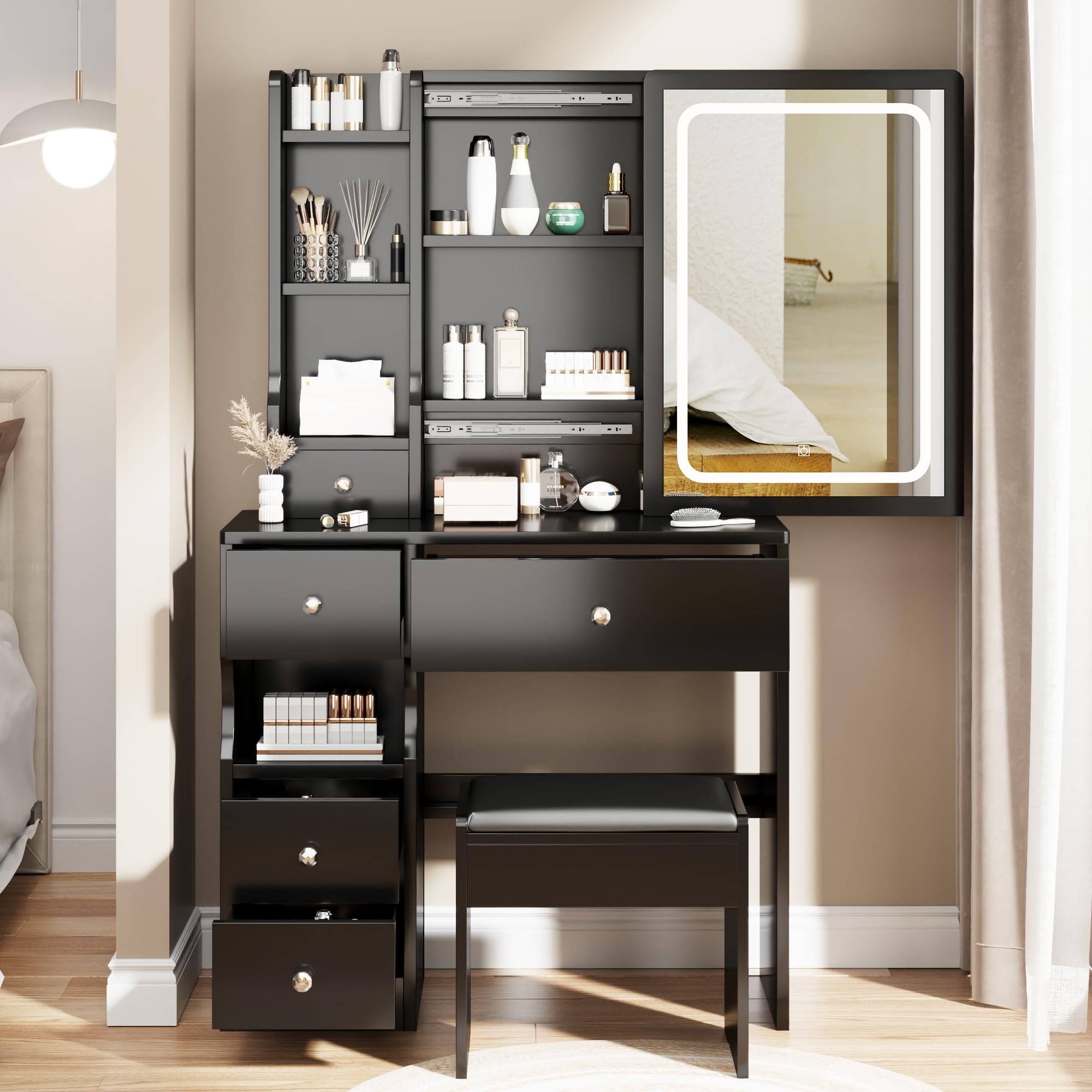 Elevon Small Makeup Vanity Desk with Sliding Mirror LED 3 Lighting Adjustable, Vanity Table Set with 5 Storage Drawer & Chair & Shelves Bedroom Furniture, Black