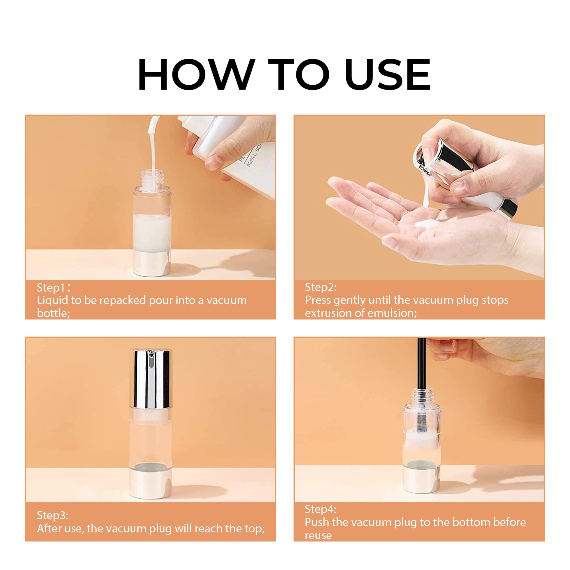 longway 1.7oz/50ml Airless Pump Bottles Silver Airless Cosmetic Cream Pump Bottle Travel Size Dispenser Refillable Containers(Pack of 6)