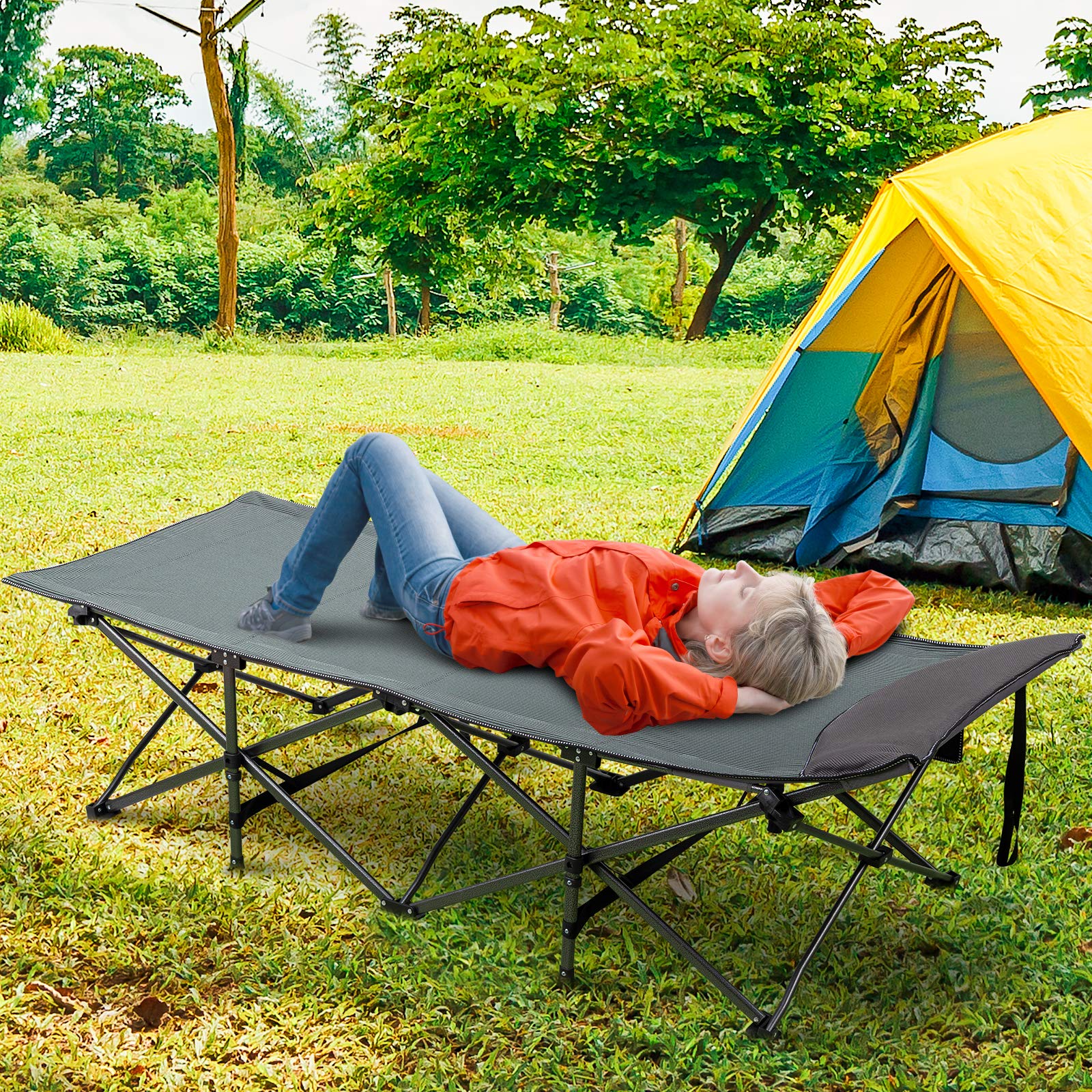Camabel Folding Camping Cots for Adults Heavy Duty 79”x31” Extra Wide Potable Sleeping Cots for Adults Supports 400 LBS Cot Bed for Backpacking Travel Beach Office with Side Pocket and Carry Bag Green
