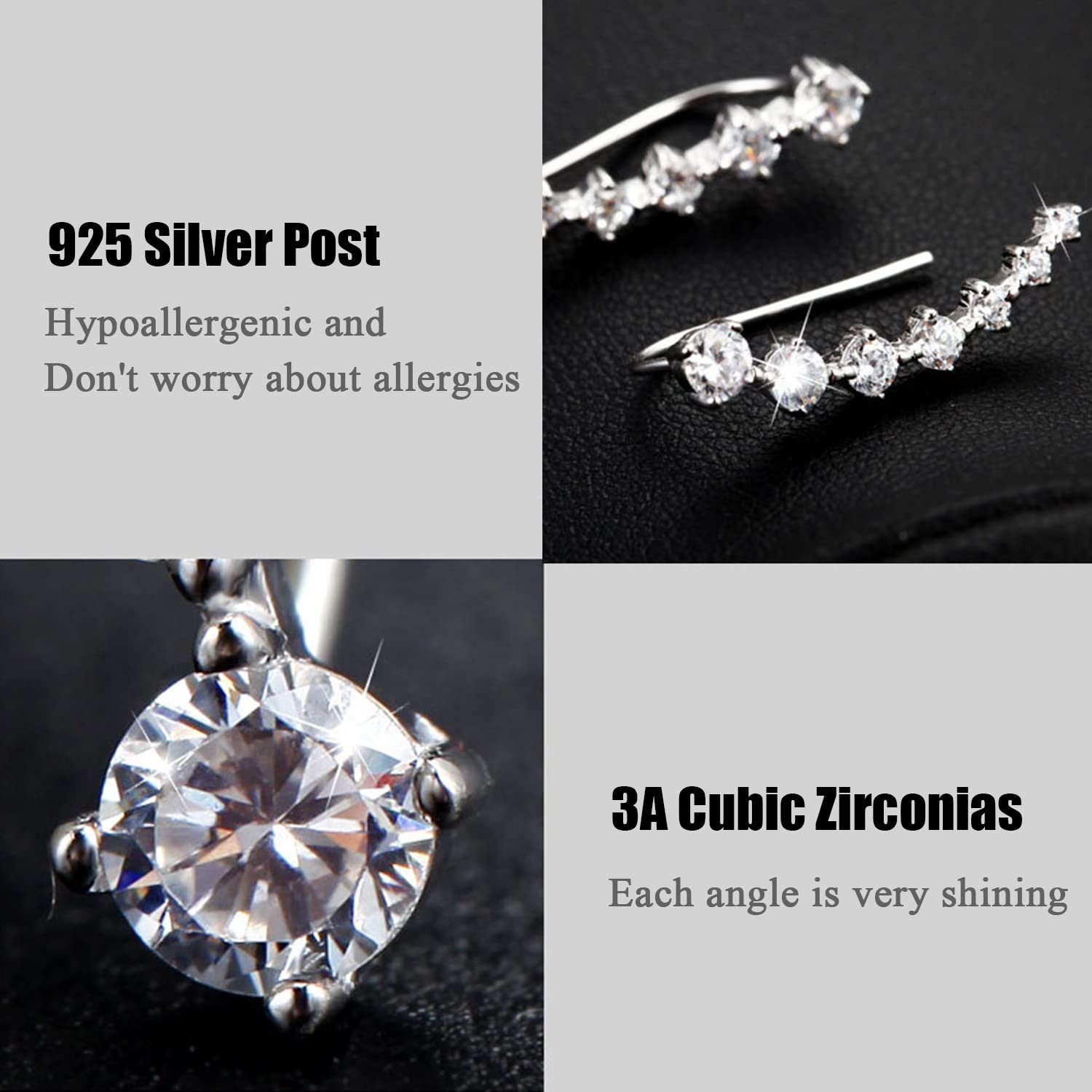 Crawler Earrings for Women 14K Gold Plated Sterling Silver Post Ear Cuff Climbers Earrings Cubic Zirconia Ear Crawler Earrings (Silver)
