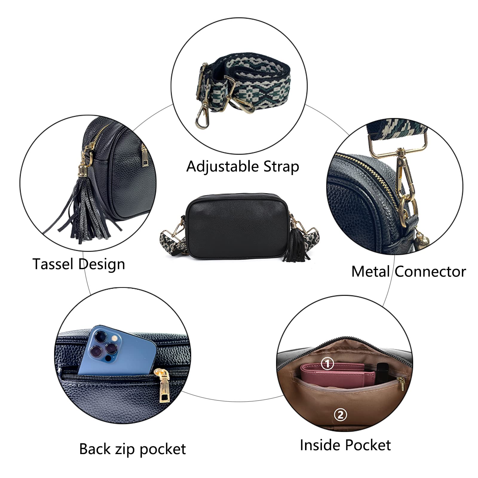 FAYBA Small Crossbody Bags for Women Trendy, Wide Strap PU Leather Purse Shoulder Bag for Women, Boho Purse With Tassel