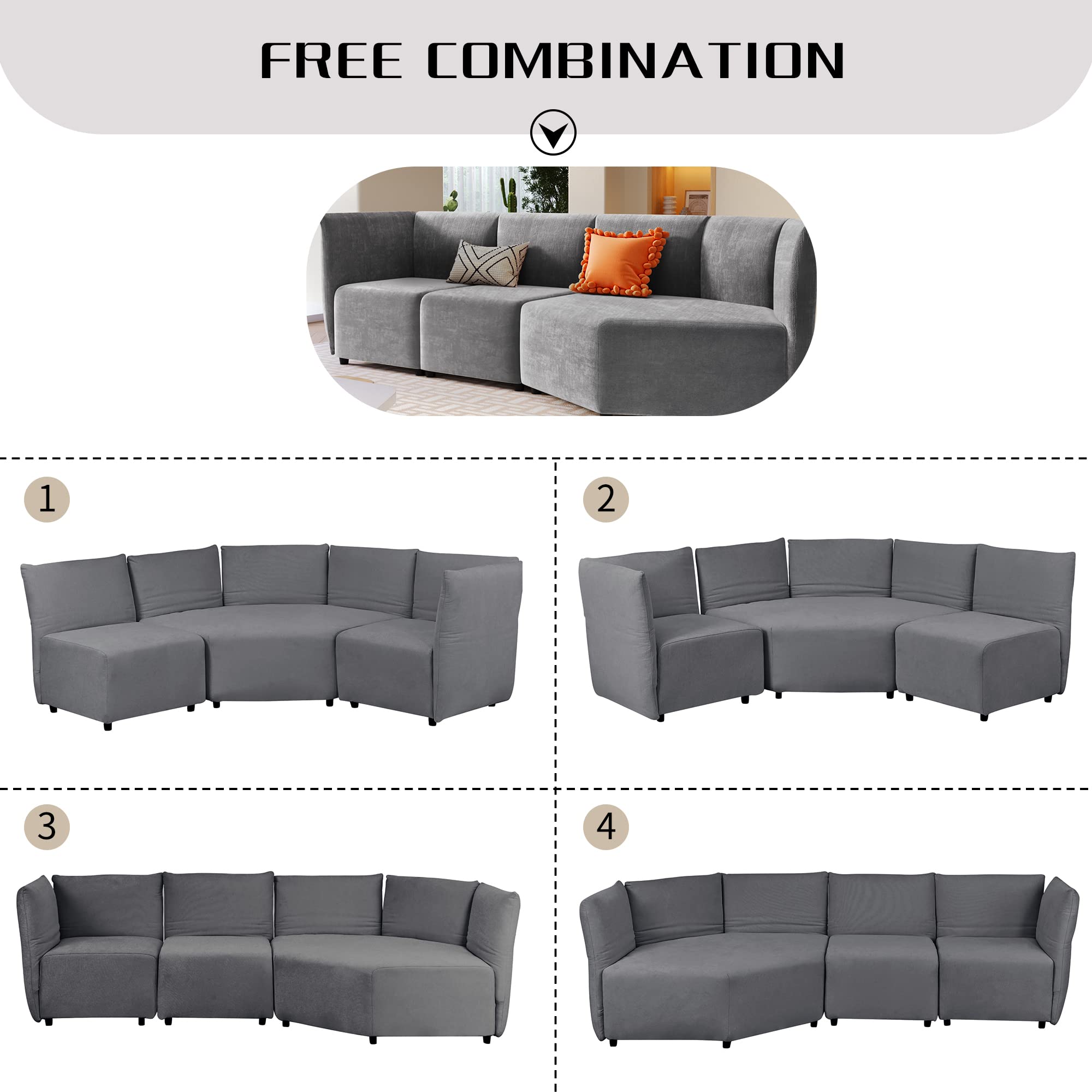 WILLIAMSPACE 106.3" Modern Sectional Sofa for Living Room, 4 Seater Upholstered Curved Sofa Couch with Adjustable Back, Free Combination Modular Sofa for Home Office - Grey