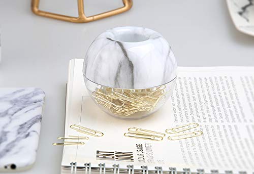 Magnetic Paper Clip Holder, Marble White Holder with Gold Paper Clips 100pcs 28mm(1.1") Cute Office Supplies for Desk Organizer