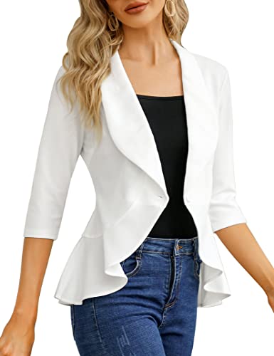 KOJOOIN Womens Casual Blazer 3/4 Sleeve Open Front Ruffle Work Office Cardigan Suit Jacket White XL