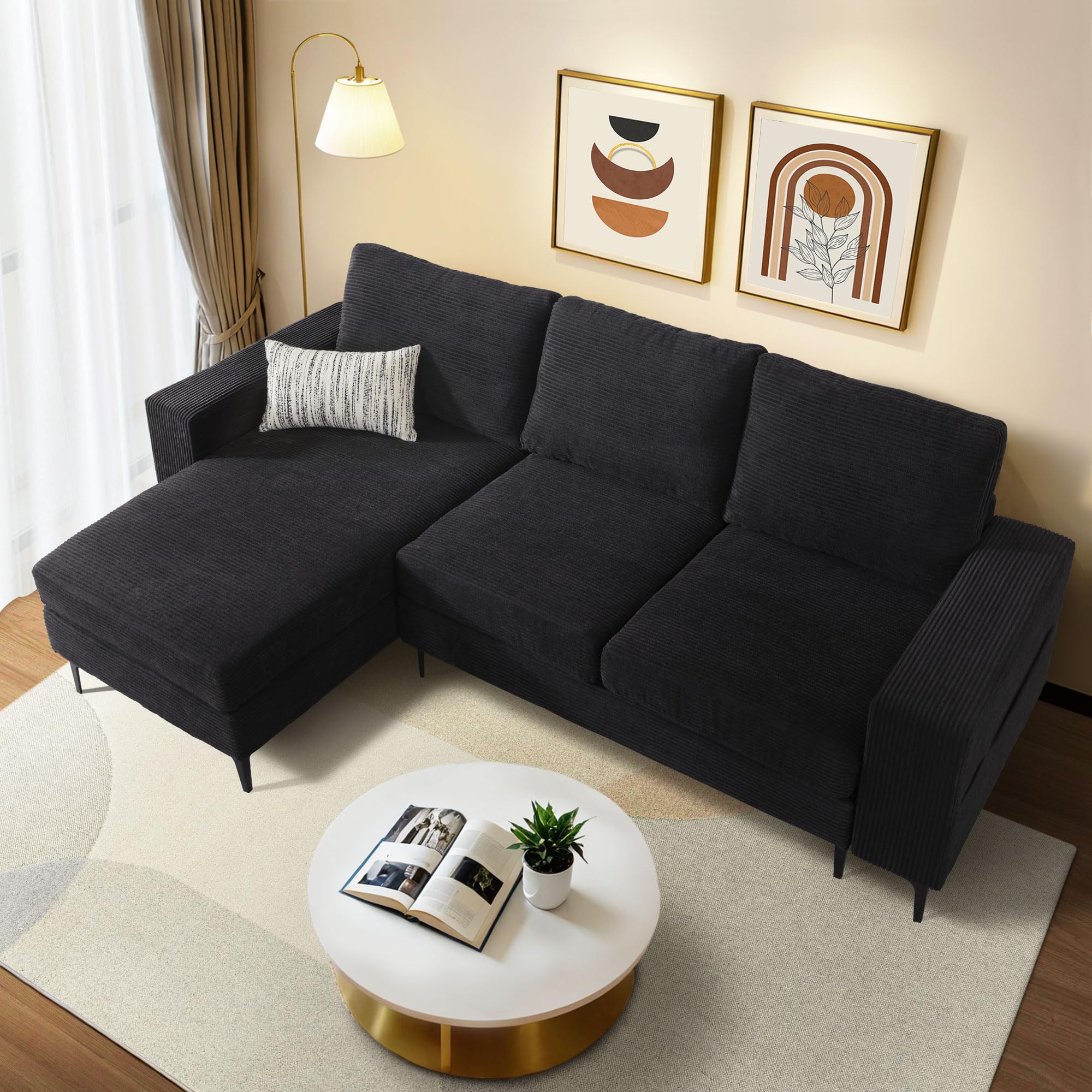 HOOOWOOO 100" L Shaped Couch with Left Chaise,Black Corduroy Home Sofa Living Room,Modern Extra Deep Sofa Couch Set,Corner Couch Comfortable