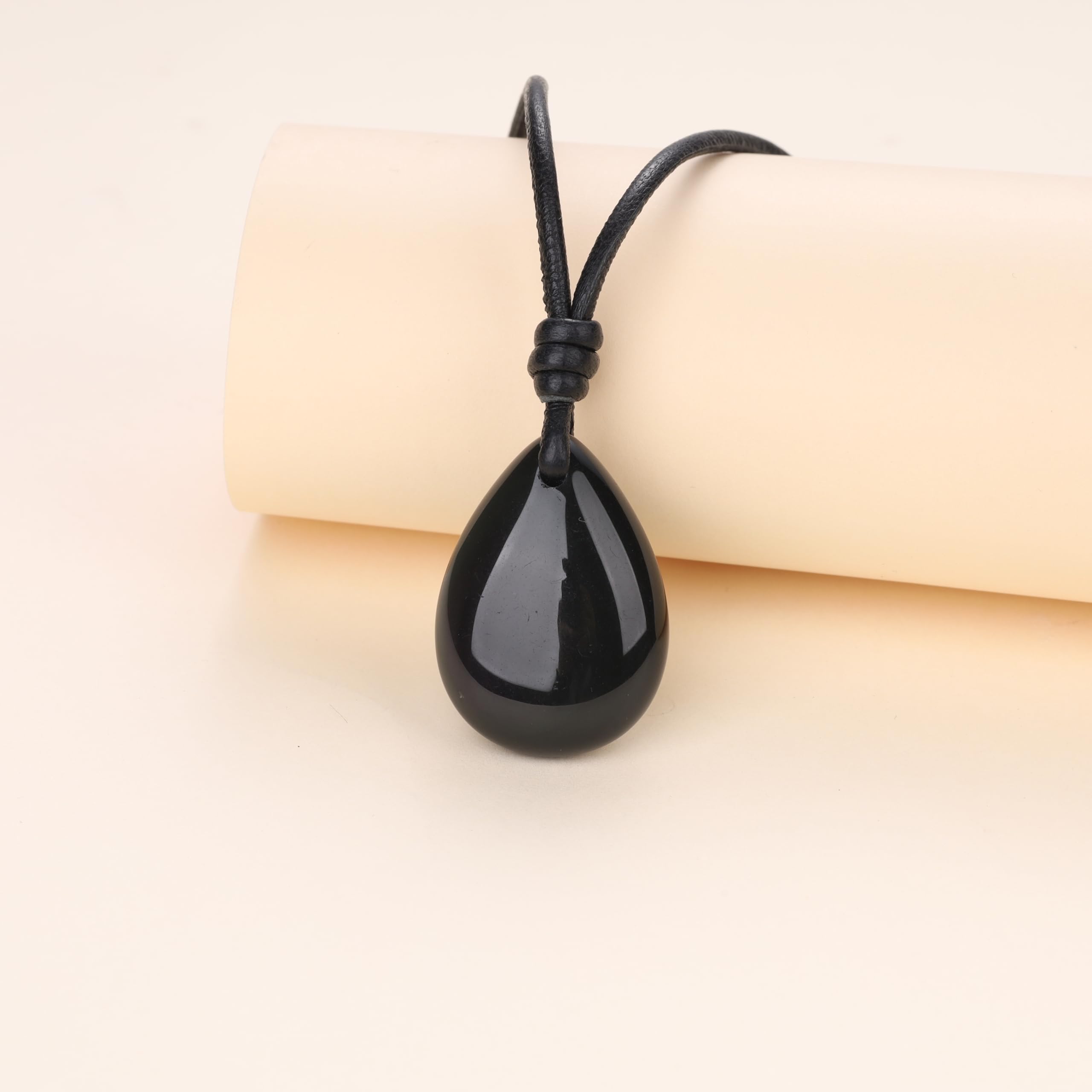 COAI Adjustable Leather Cord Teardrop Black Obsidian Necklace