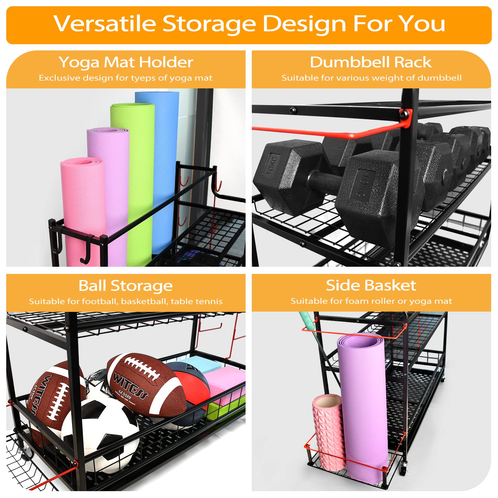 Dumbbell Rack Weight Stand SPIDERCAMP 4 Tier Yoga Mat Storage Rack Home Gym Storage Rack Upgraded Weight Rack for Dumbbells Workout Equipment Storage Organizer Garage Storage Rack With Lockable
