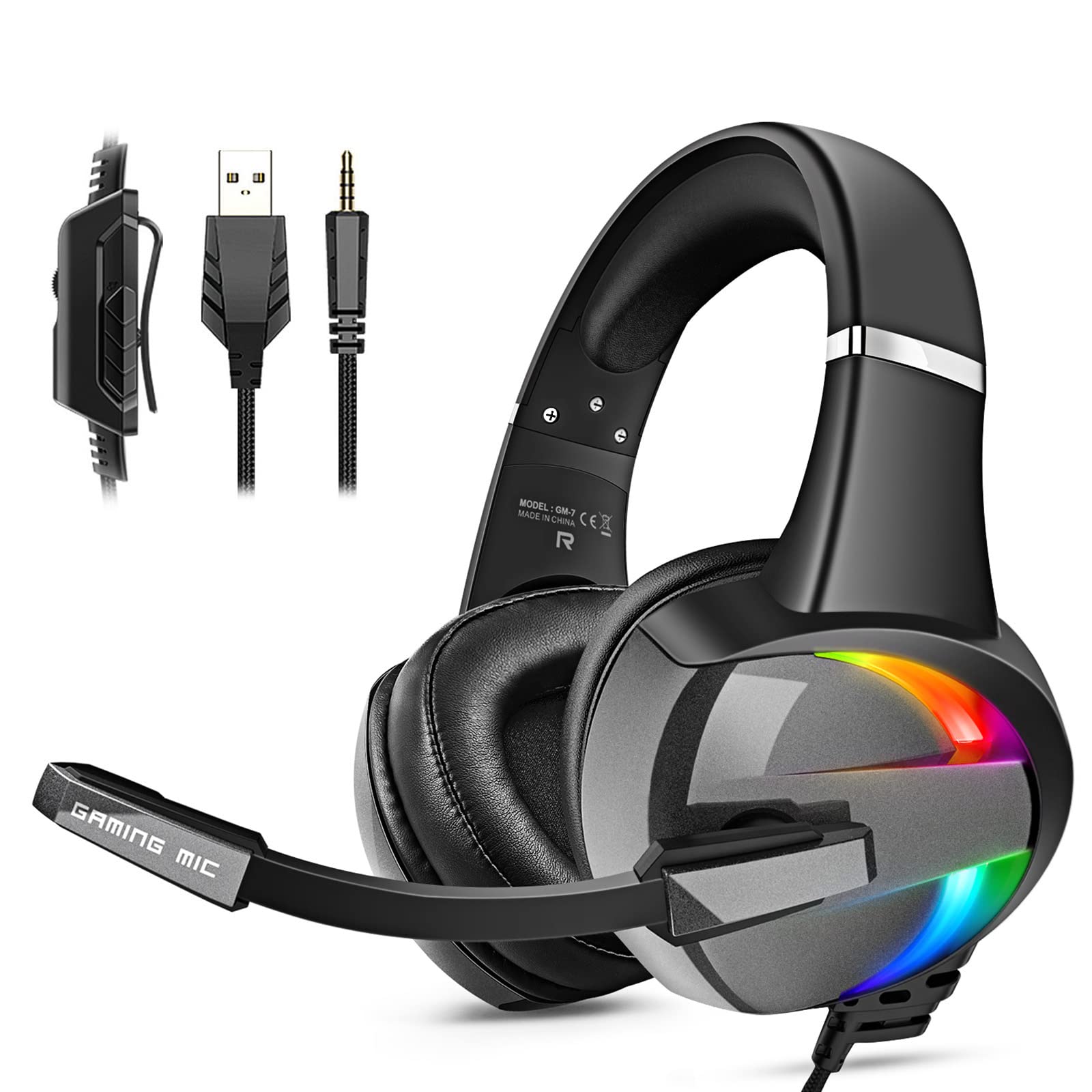 Tatybo Gaming Headset PS4 Xbox One Headset with Stereo Bass Surround Sound, Gaming Headphones with Noise Canceling Mic for PS4 PS5 Xbox One PC Laptop Mac - RGB LED Light