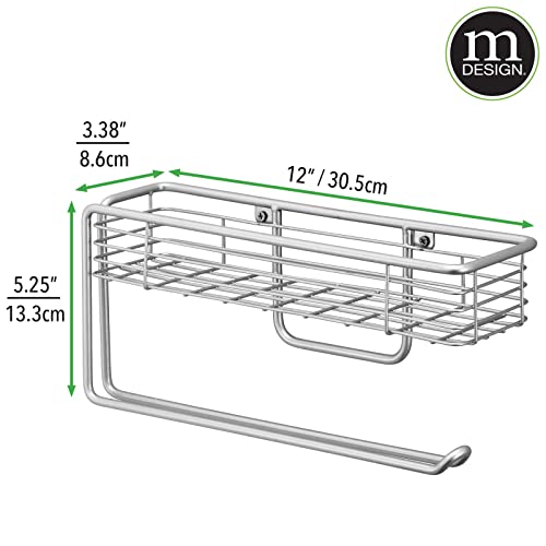 mDesign Wall Mount Metal Paper Towel Holder with Storage Shelf for Kitchen, Pantry, Laundry, Garage Organization - Shelf Holds Spice Bottles, Glass Jars, Oils and Vinegars - Chrome