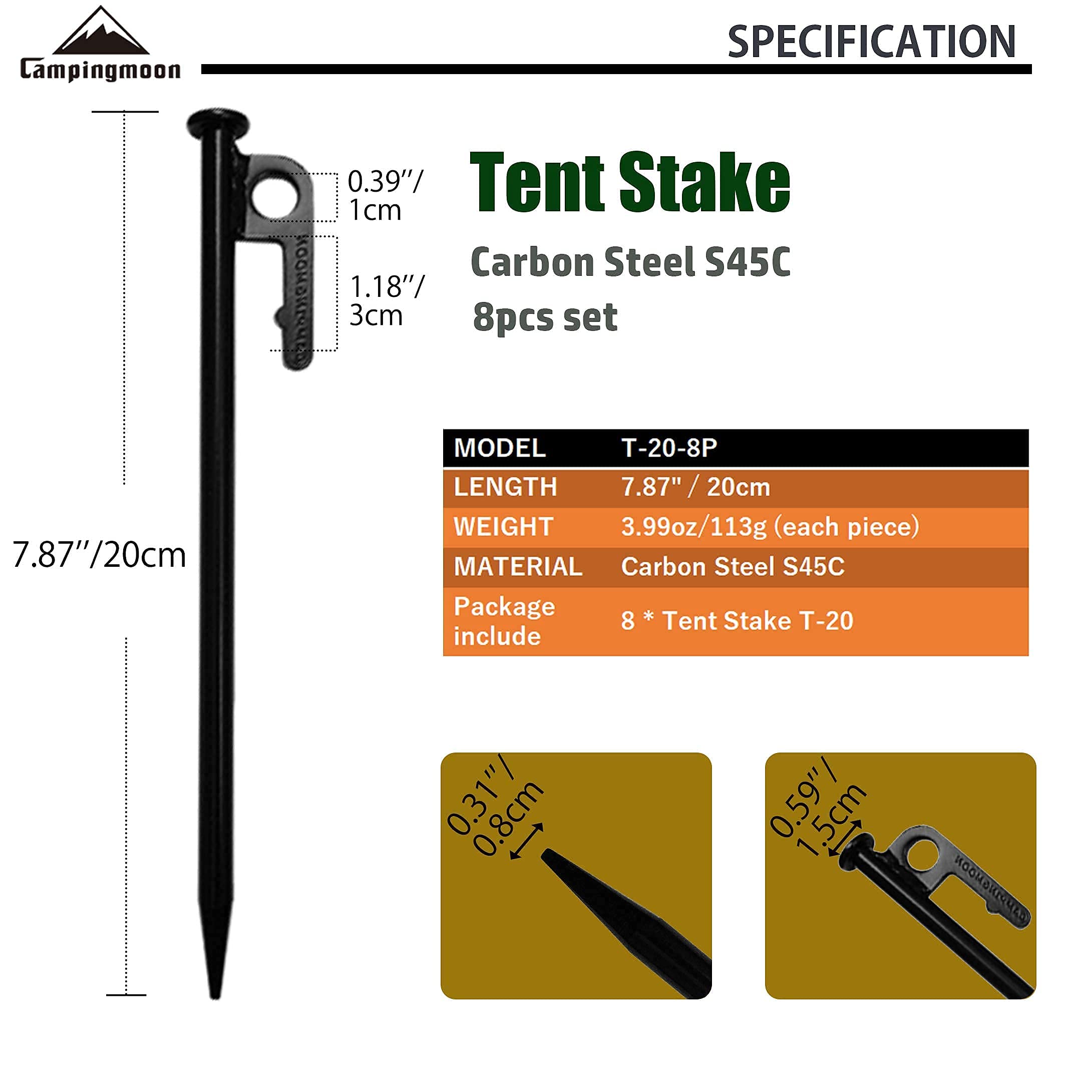 CAMPINGMOON 8pcs of 7.87-inch Carbon Steel S45C Black Coating Tent Stakes with Storage Bag
