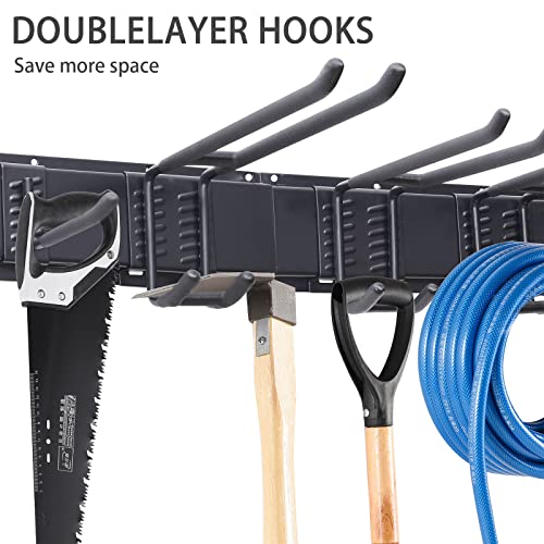 Garage Tool Storage Rack, 32 Inch Adjustable Garage Organizer Wall Mounted 8 PCS Garage Storage with 6 Hooks, Super Heavy Duty Garden Tool Hanger for Shovels, Rake Shovel Yard Tools,Hold Up to 300lbs
