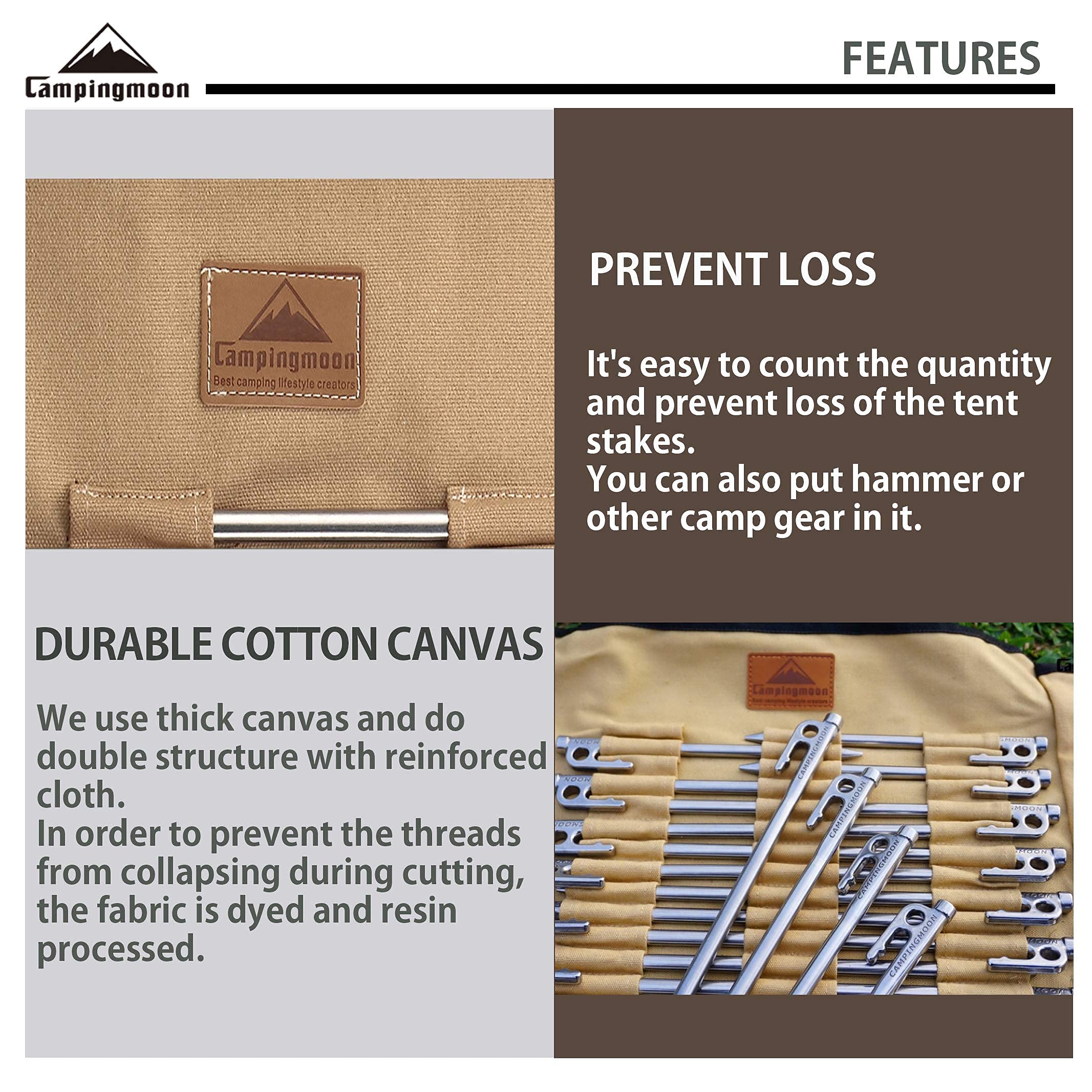 CAMPINGMOON 8pcs of 11.8-inch Martensitic Stainless Steel 420J2 Tent Stakes with Storage Bag