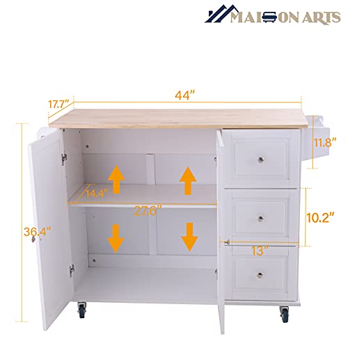 MAISON ARTS Storage Kitchen Island on Wheels with Drop Leaf Rolling Kitchen Cart with 2 Doors & 3 Drawers Rubber Wood Countertop, White