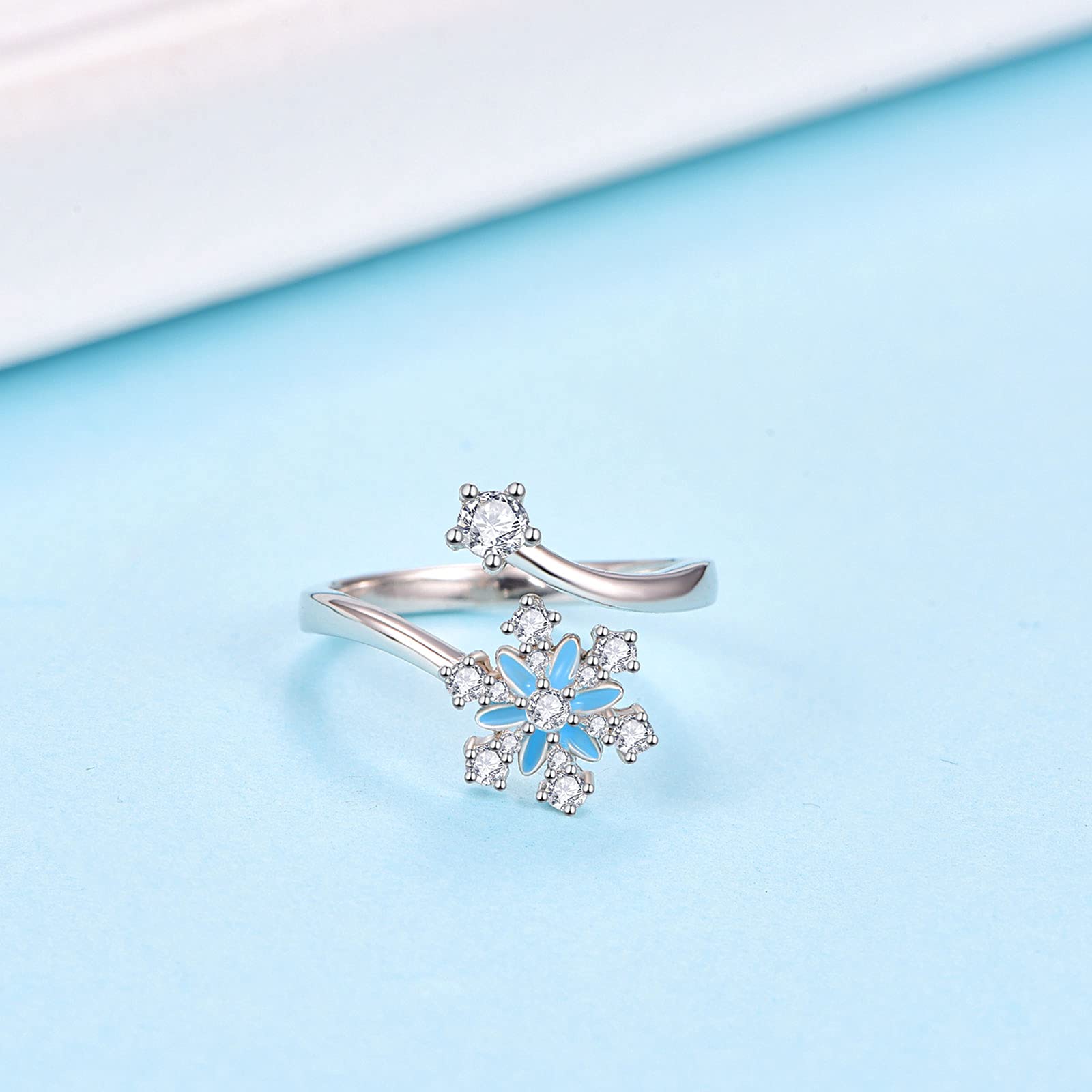 Cuoka Snowflake Ring, 925 Sterling Silver Snowflake Ring Open Statement Adjustable Rings Minimalist Ring Snowflake Jewelry Gifts for Women