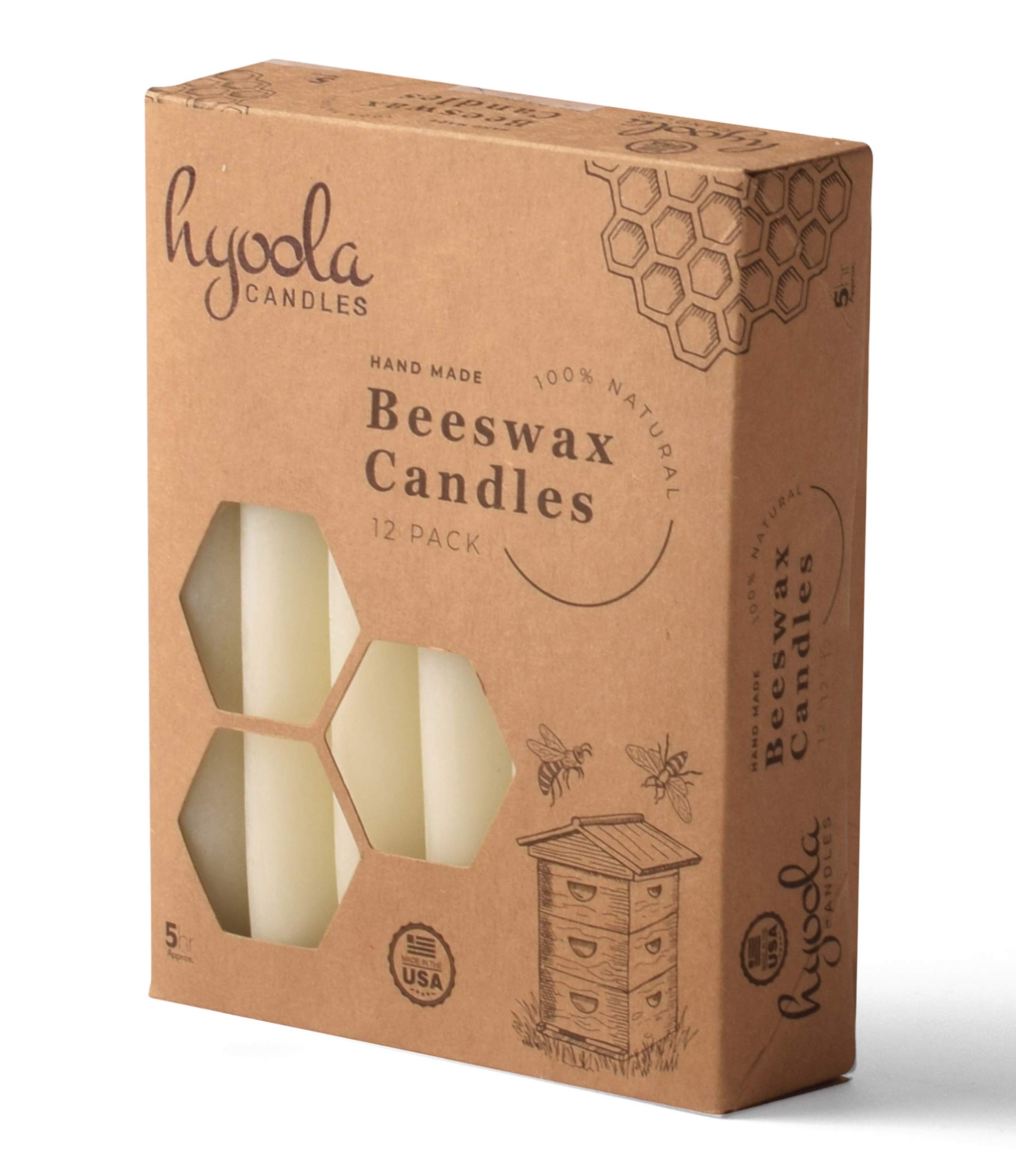 Hyoola 5" Beeswax Taper Candles 12 Pack - Handmade, All Natural, 100% Pure Unscented Bee Wax Candle - Tall, Decorative, White 5 Hour Burn Time