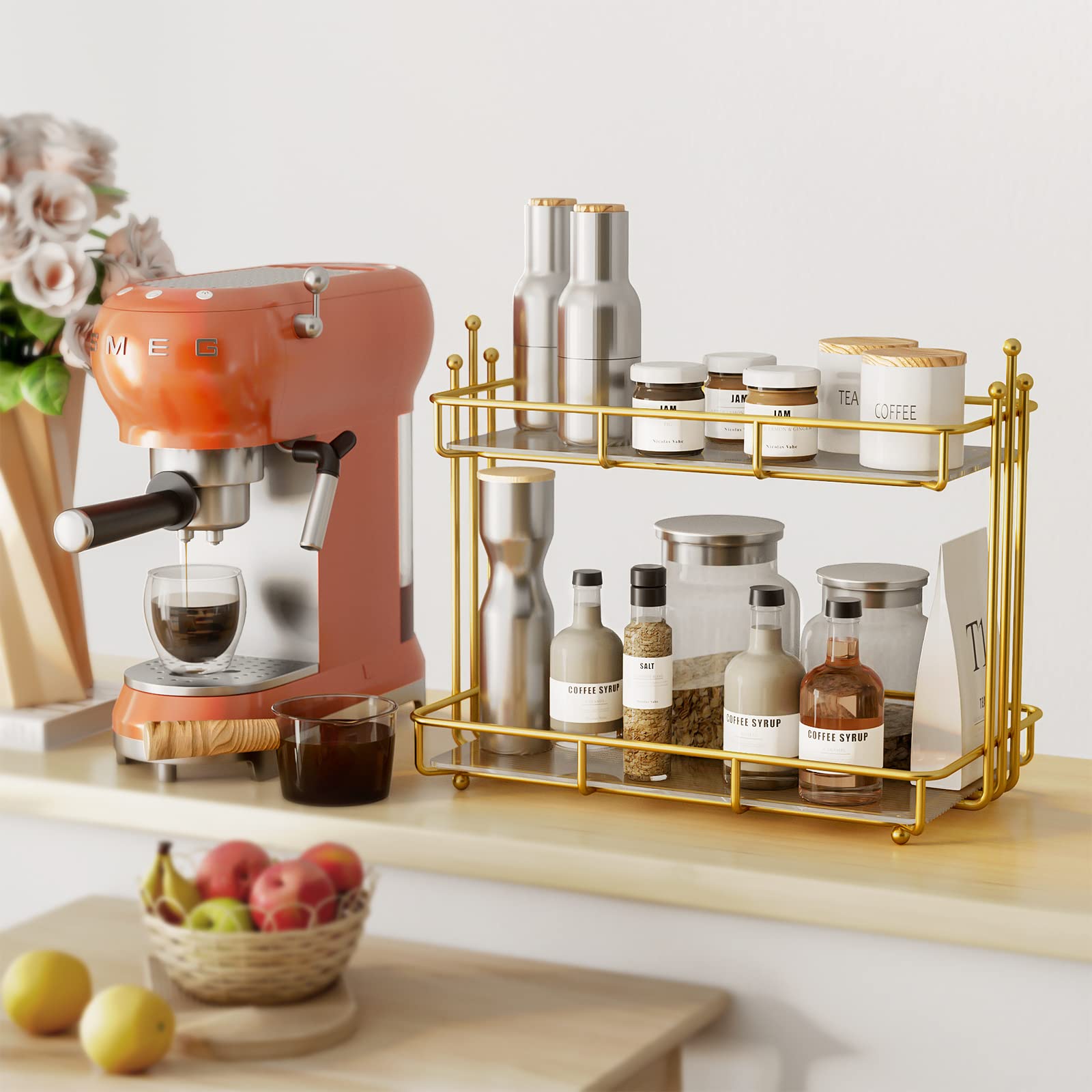 WELLFAST Bathroom Organizer Countertop Perfume Organizer Skincare Organizers 2 Tier Bathroom Tray Stainless Steel Gold Shelf Acrylic Tray