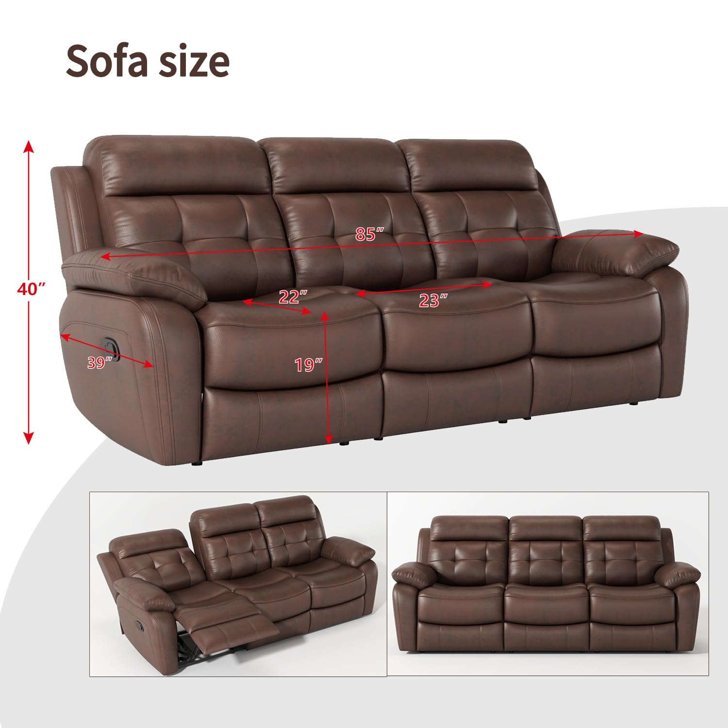 Elountik Luxury 3-Seat Genuine Leather Manual Reclining Sofa, Leather Recliner Couch with Drop Down Table and Stainless Steel Cupholders (Blue)