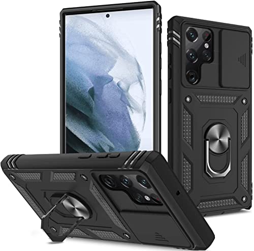 Multipurpose case for Samsung Galaxy S22 Ultra 6.8 inches Case with Slide Lens Cover, Shockproof with Built-in 360° Rotate Kickstand Magnetic Protective Case (Black)