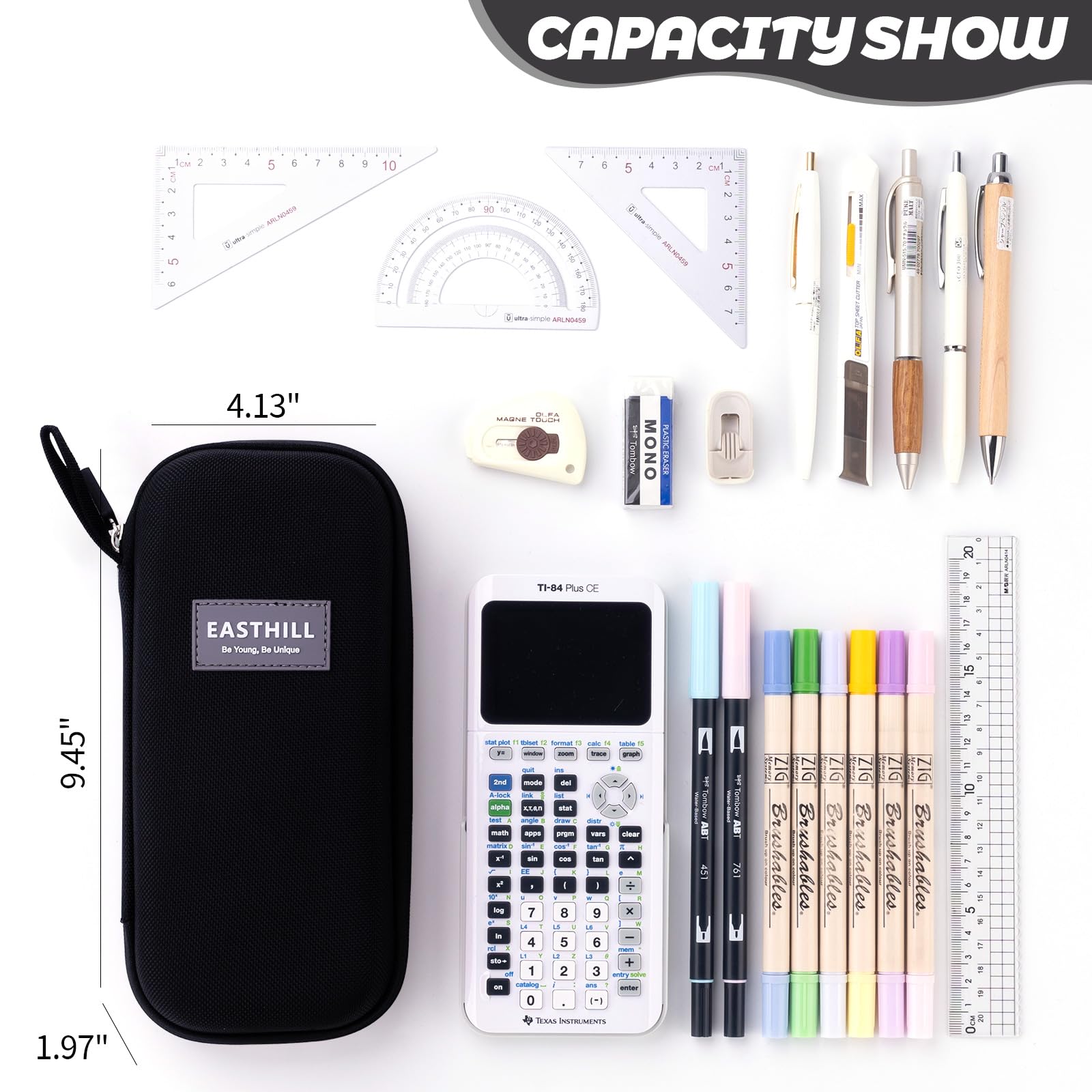 EASTHILL Hard Large Capacity Pencil Case Box, Durable Pen Pouch Bag with Zipper Compartments for Office Organizer Adluts-Black