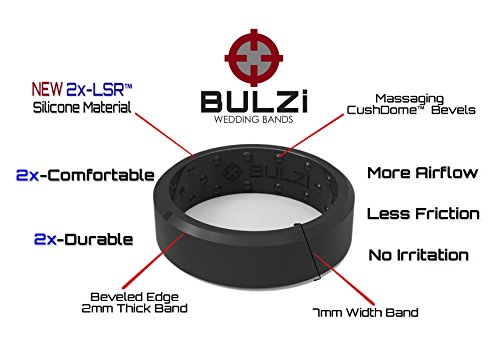 BULZi Wedding Bands, Massaging Comfort Fit Premium Silicone Ring with Airflow, Beveled Edge Design, Men’s and Women’s Rings, Breathable Flexible Work Safety (Black Beveled Size 10)