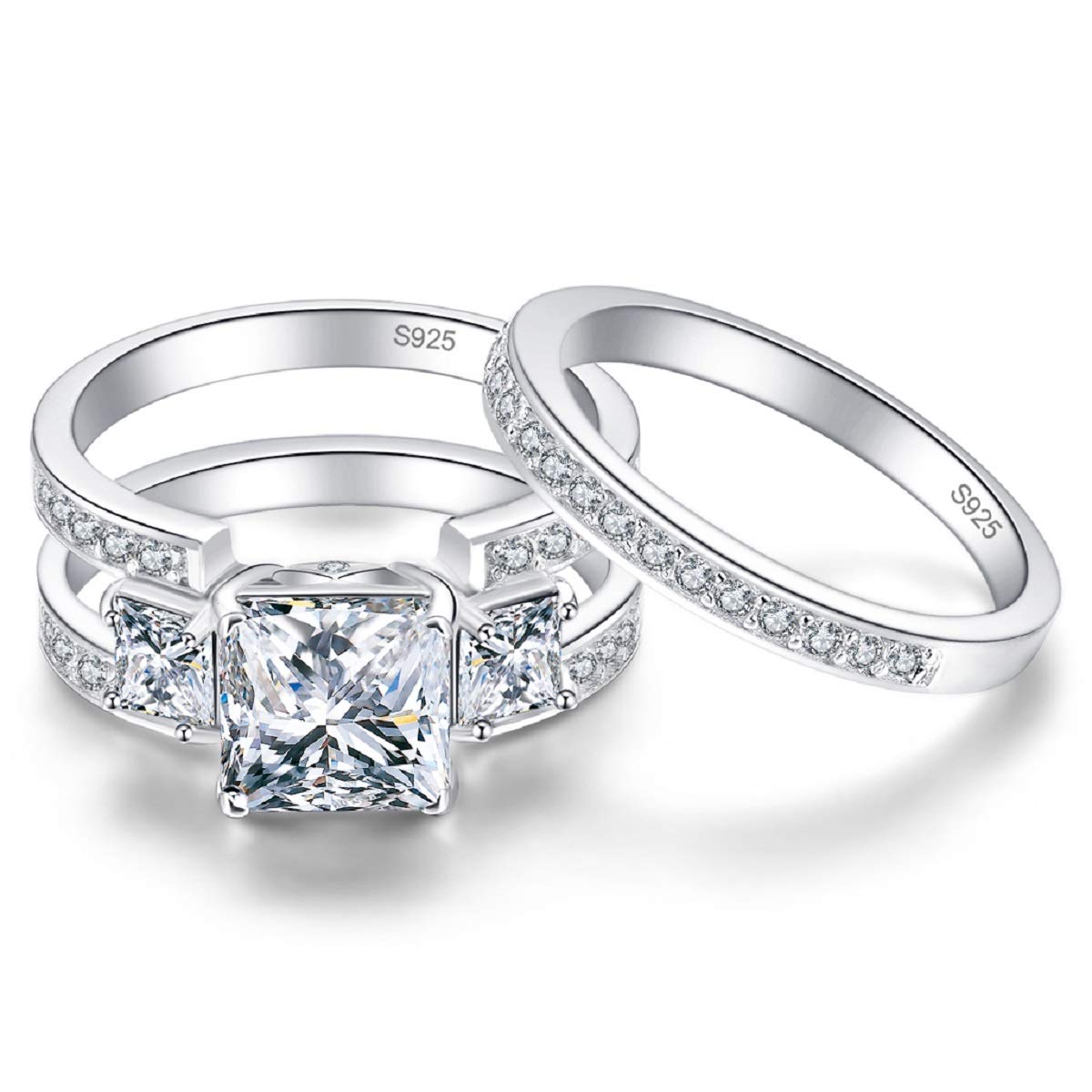 BONLAVIE 3Ct Princess Cut Wedding Ring Sets for Women 925 Sterling Silver White Cubic Zirconia Bridal Ring Sets Wedding rings Stackable Ring Size 7
