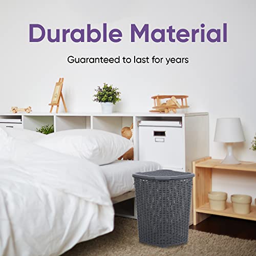 Plastic Corner Laundry Hamper with Lid, Curved Designed Laundry Basket, 2 Pack Triangle Grey Cloths Hamper Organizer with Cut-out Handles for Laundry Room Bedroom Bathroom, Wicker Design, 50 Liter
