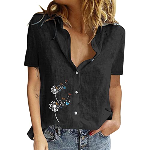DUOWEI Ladies Cotton Linen Casual Loose Personality Printed Lapel Button Short Sleeve Black