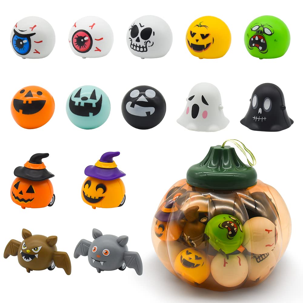 DAZZCOOL Halloween 28Piece Pull Back Cars and Trucks Toy Vehicles Set for Toddlers