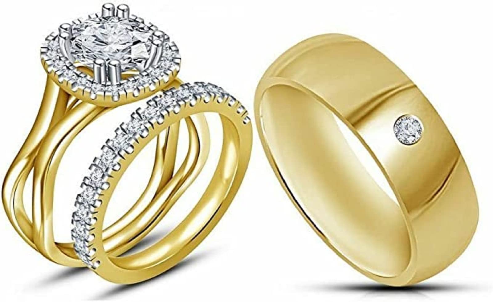 Dazzle Touch Round Diamond Wedding Trio His/Her Bridal Band Engagement Ring Sets 14k Yellow Gold Plated (12.5)