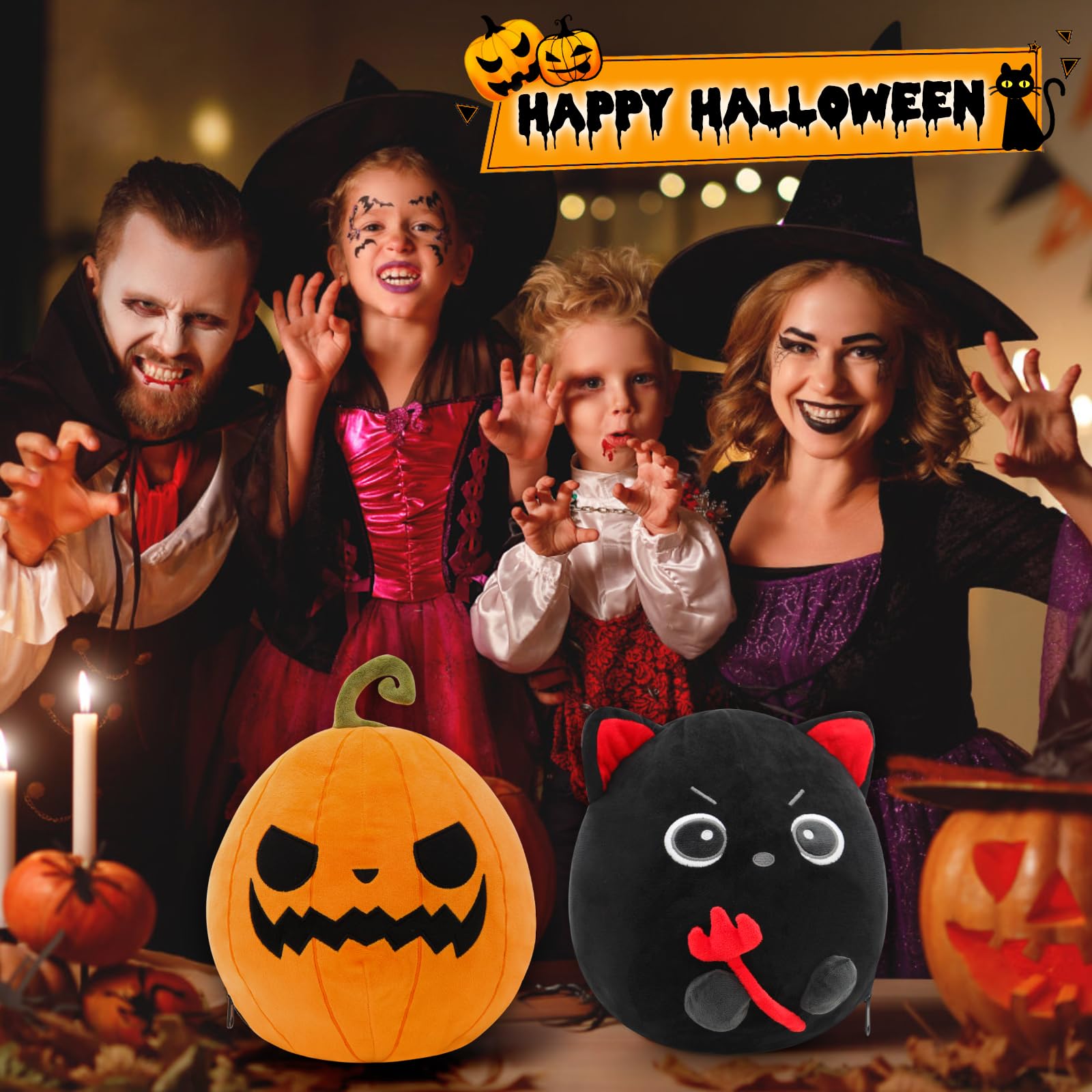 Emoin Halloween Plush 11.8" Reversible Halloween Pumpkin Cat Stuffed Animal Soft Black Cat Pumpkin Pillow Halloween Decor Birthday Gift for Kids