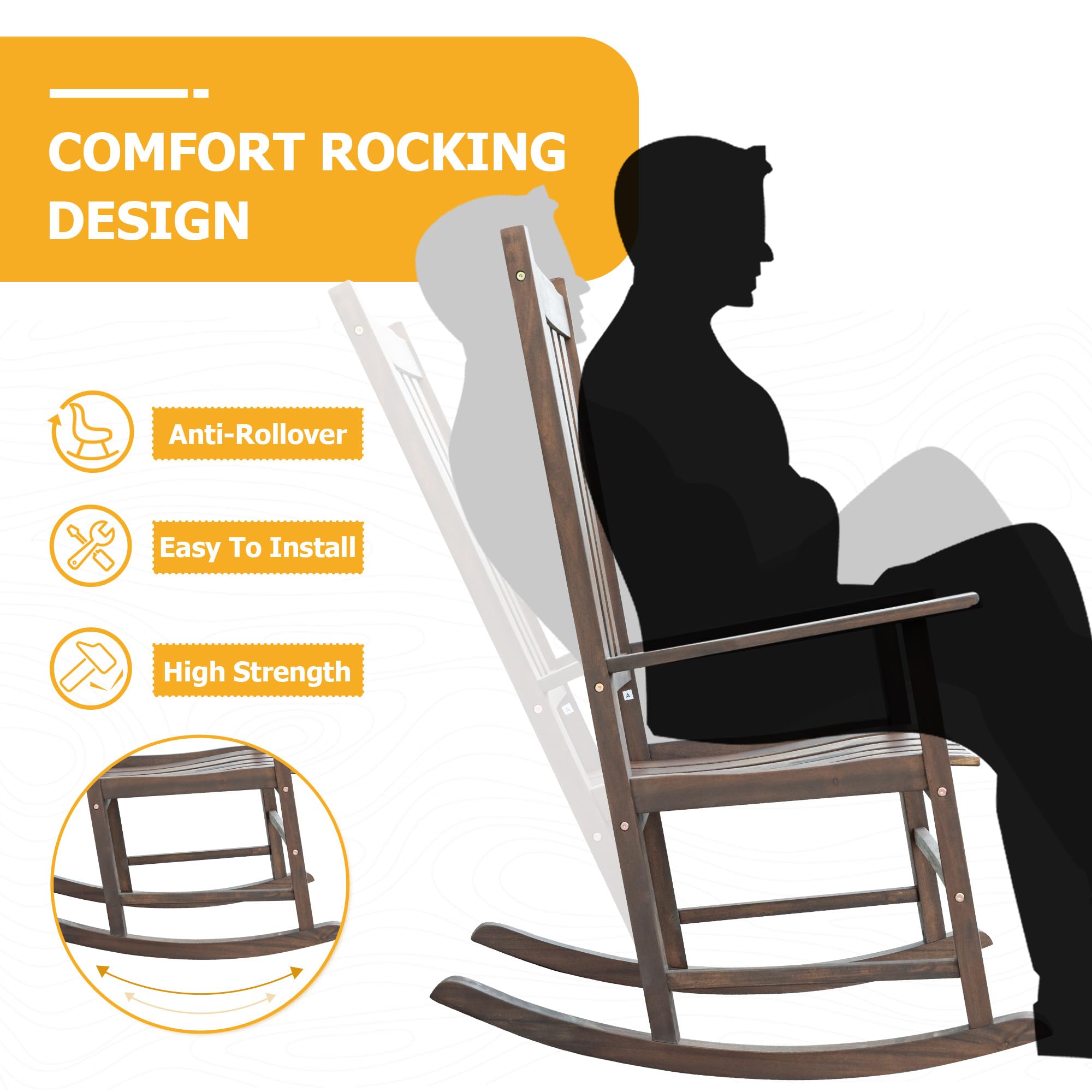 Flamaker Outdoor Rocking Chair Oversized Wooden Patio Chairs with Widened Armrest High Back Porch Rocker for Lawn, Garden, Backyard, Fire Pit (Black)