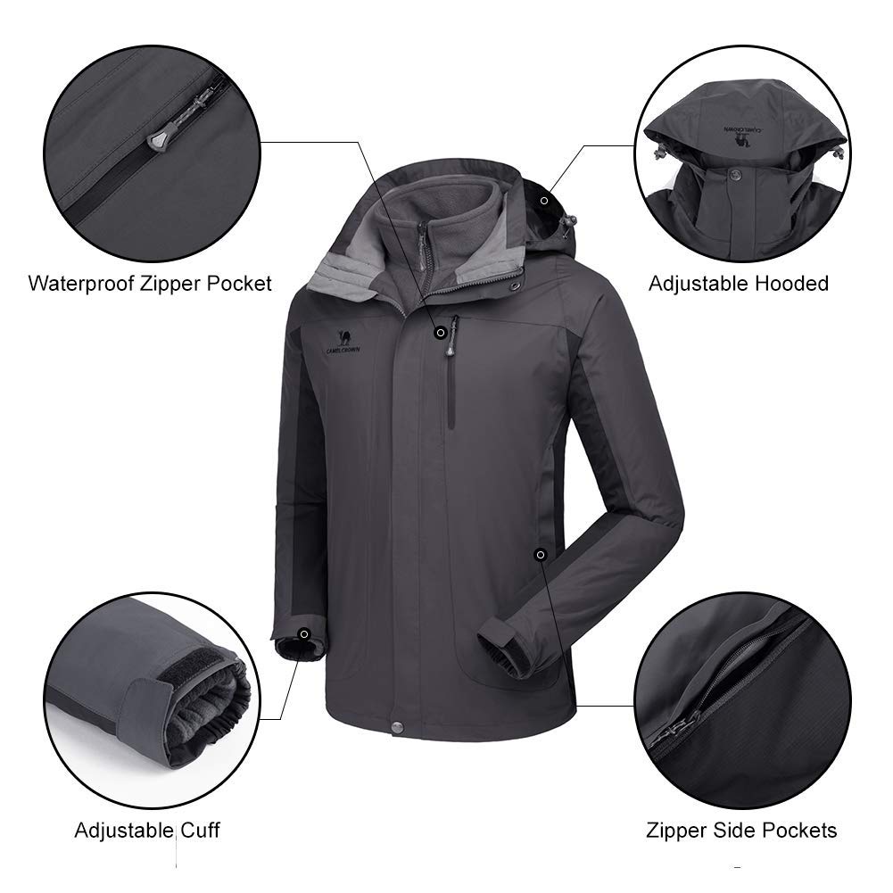 CAMEL CROWN Men’s Ski Jacket 3 in 1 Waterproof Winter Jacket Snow Jacket Windproof Hooded with Inner Warm Fleece Coat Dark Grey