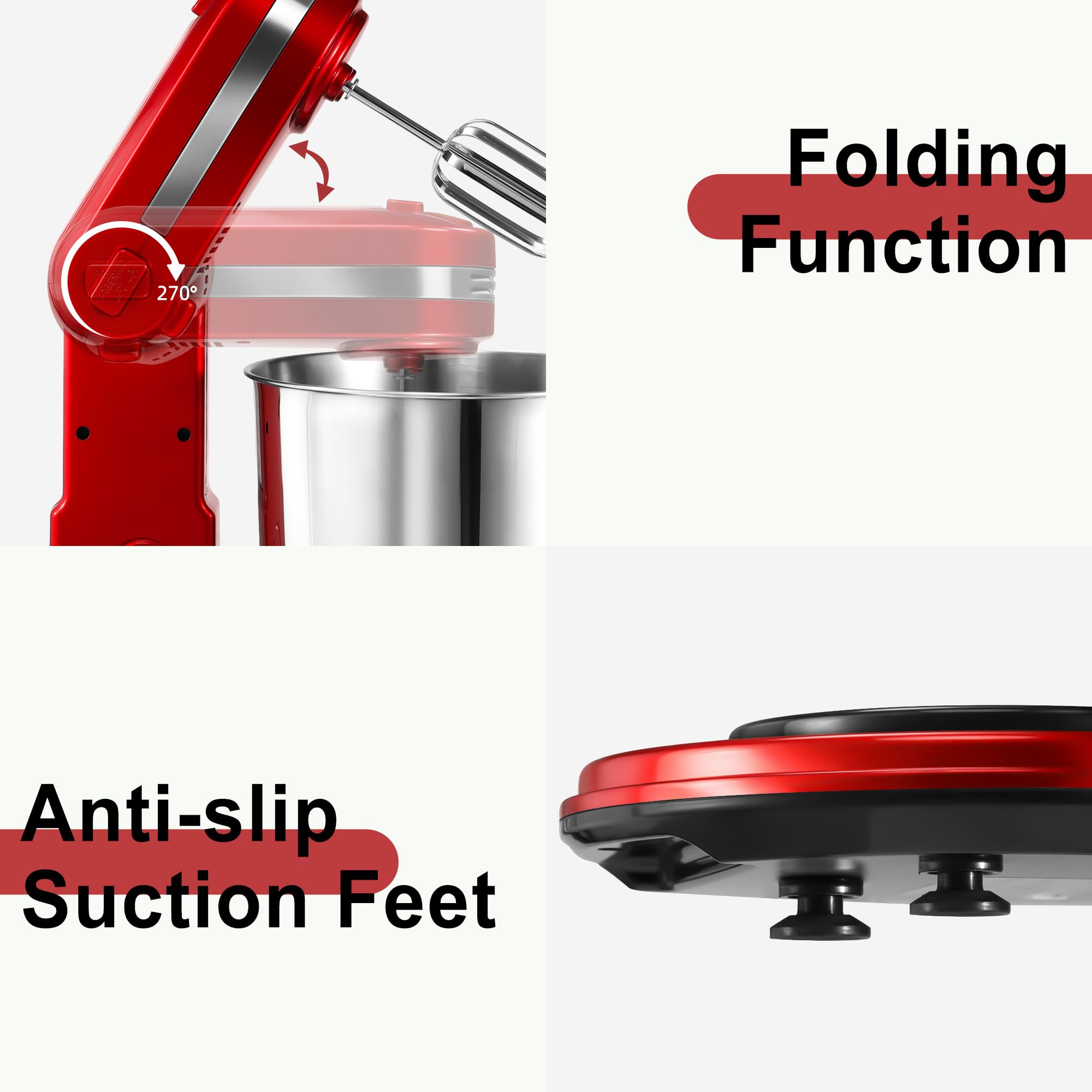 HousesAid Foldable Stand Mixer, 3.7QT Electric Kitchen Mixer, 6 Speeds with Dough Hook & Beater, Space-Saving Design for Small Kitchen, Ideal for Baking & Daily Use, Red