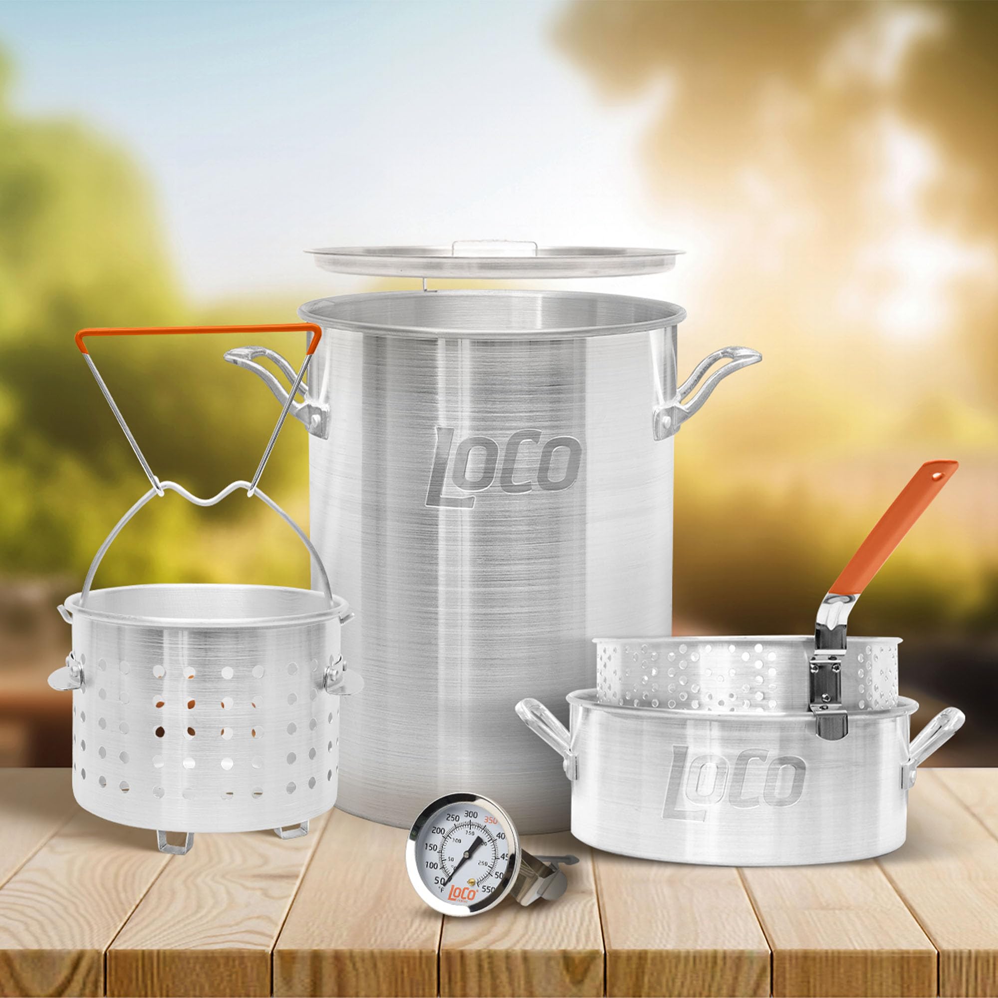 LoCo Cookers Deep Fryer Basket Pot Kit, Aluminum Circular Pots, 30 Qt, Silver