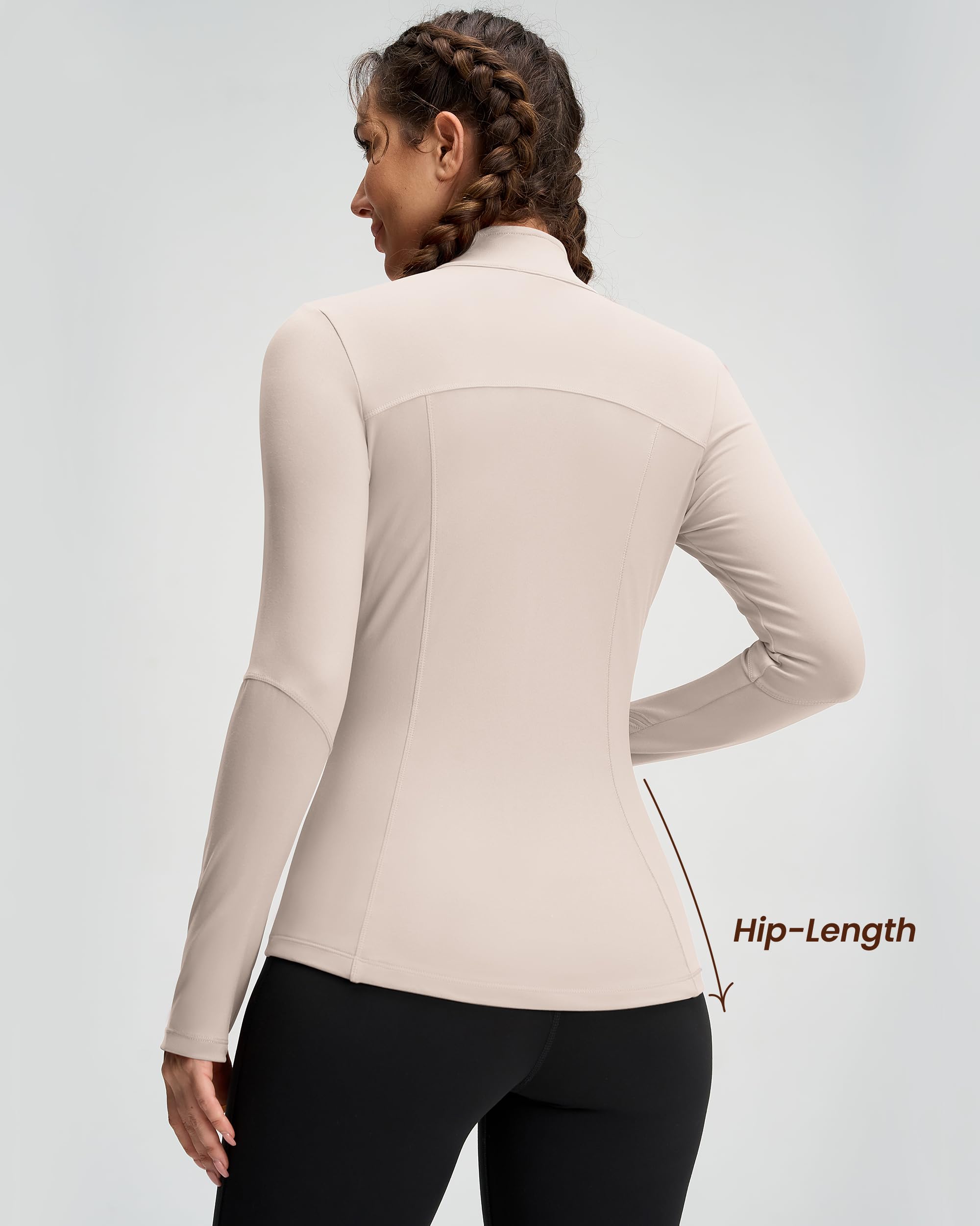 colorskin Workout Jackets for Women Full Zip Athletic Running Track Jacket with Pockets Slim Fit Yoga Jacket with Thumb Holes(Almond,Medium)