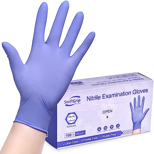 SwiftGrip Disposable Nitrile Exam Gloves, 3mil, XS, Box of 100, Violet Nitrile Gloves Disposable Latex Free for Medical, Cleaning, Cooking & Esthetician, Food-Safe, Powder-Free, Purple, Non-Sterile