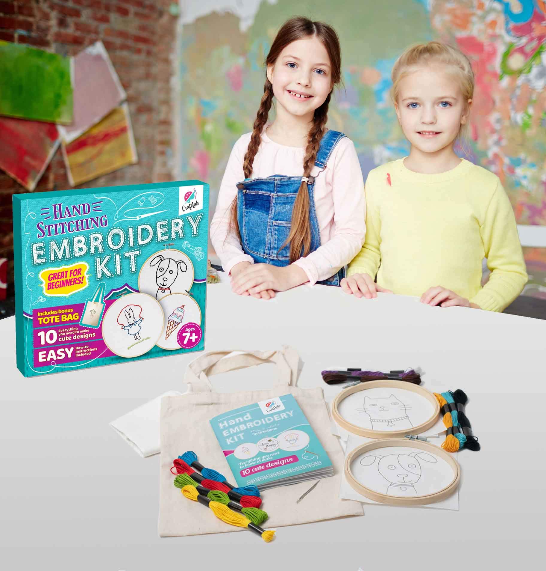 CraftLab Embroidery Sewing Kit for Beginners, Kids Craft Kit Gift for Girls Boys Ages 8-12, 10 Projects, Embroidery Hoops, Fabric, Patterns, Floss, Needles, Needlepoint Cross Stitching Supplies