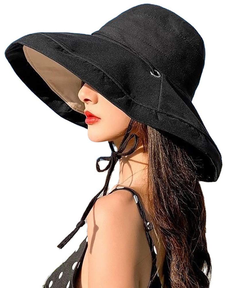Women's Sun Hat Packable Reversible Bucket Hat UV Sun Protection Wide Brim Summer Beach Cap Solid Black