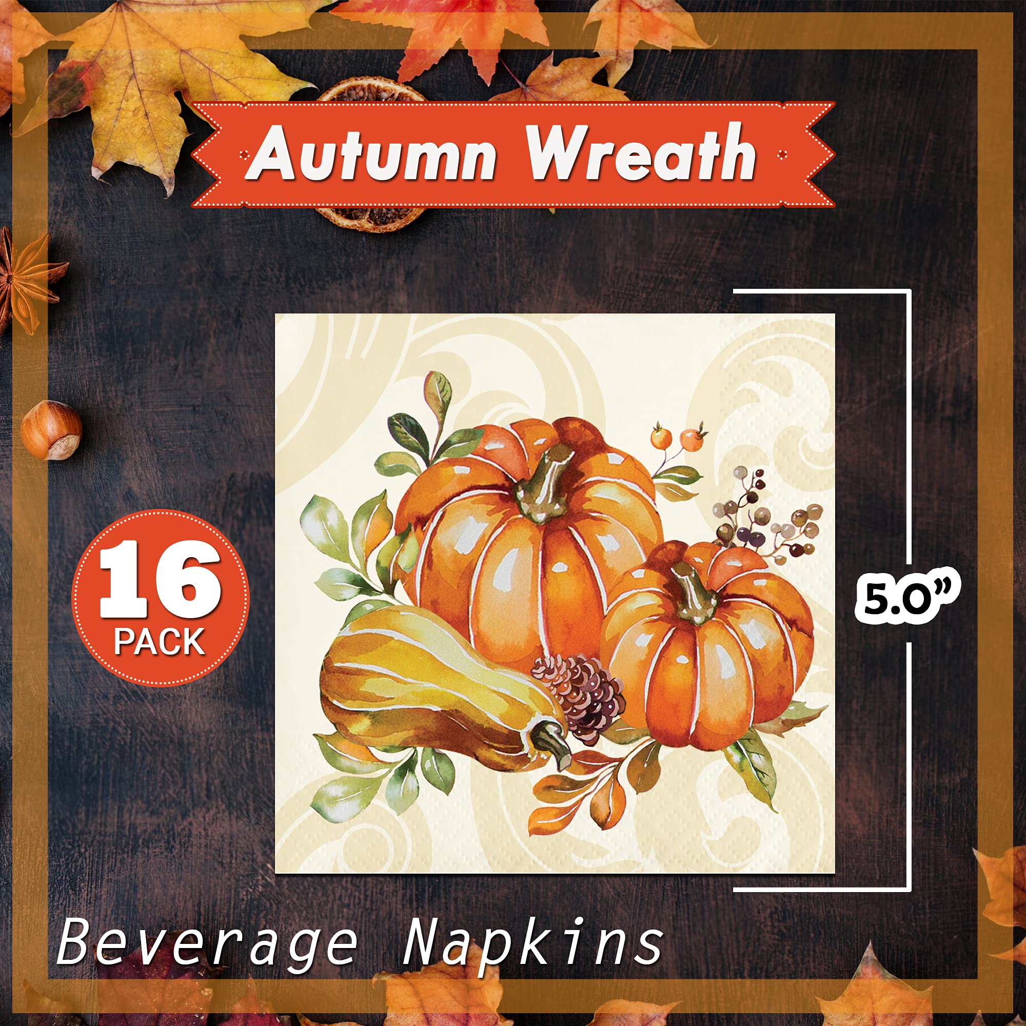 Creative Converting Autumn Wreath Dinnerware Party Bundle | Dinner & Dessert Plates, Luncheon & Beverage Napkins, Table Cover | Thanksgiving Family Dinner, Pumpkins, Cornucopia, Disposable
