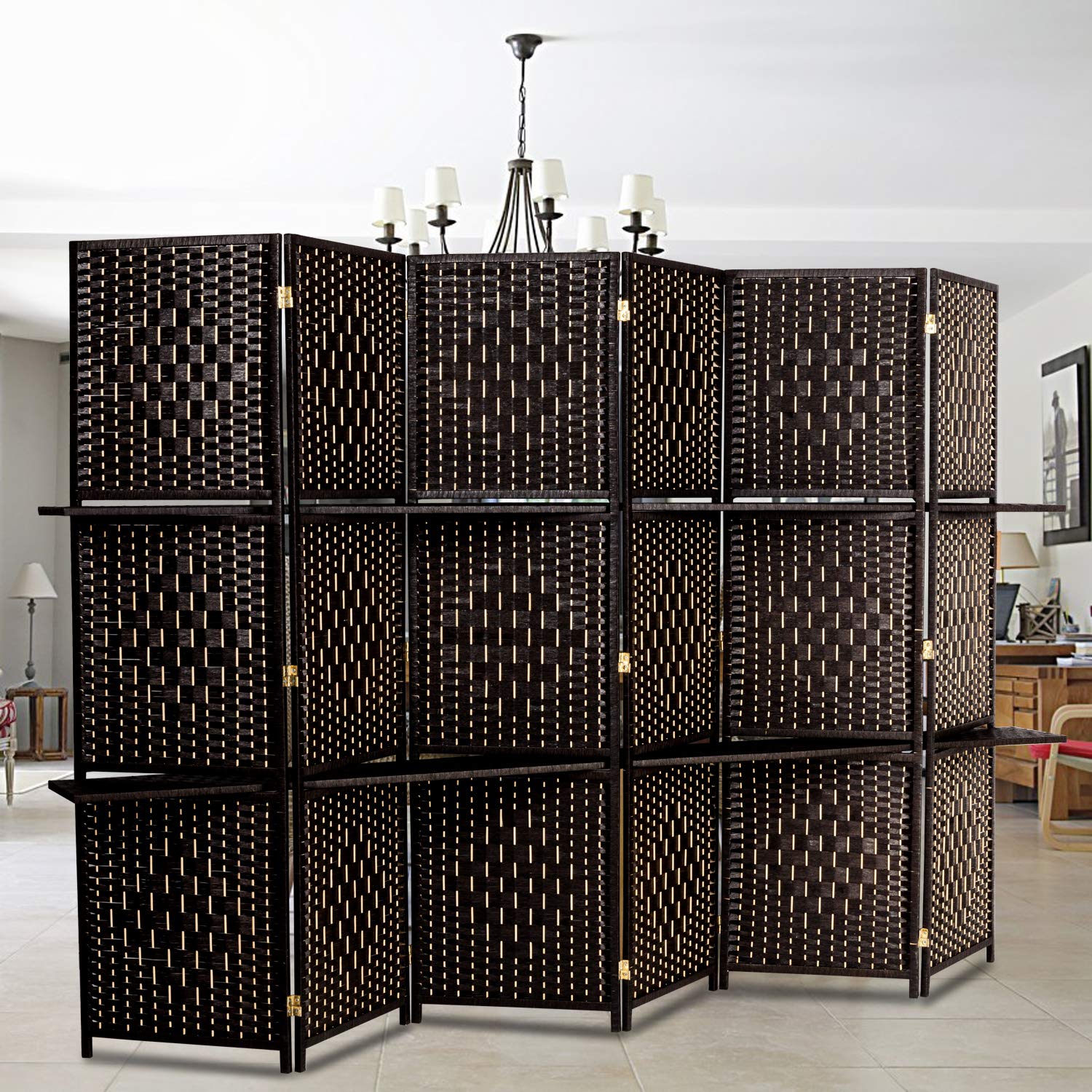 Bonnlo Upgraded Heavy Duty 6FT Tall Rattan Room Divider Screens with Partition Wall 2 Display Shelves, Indoor Folding Screen Dual-Sided Hinges for Home Office (6 Panels)